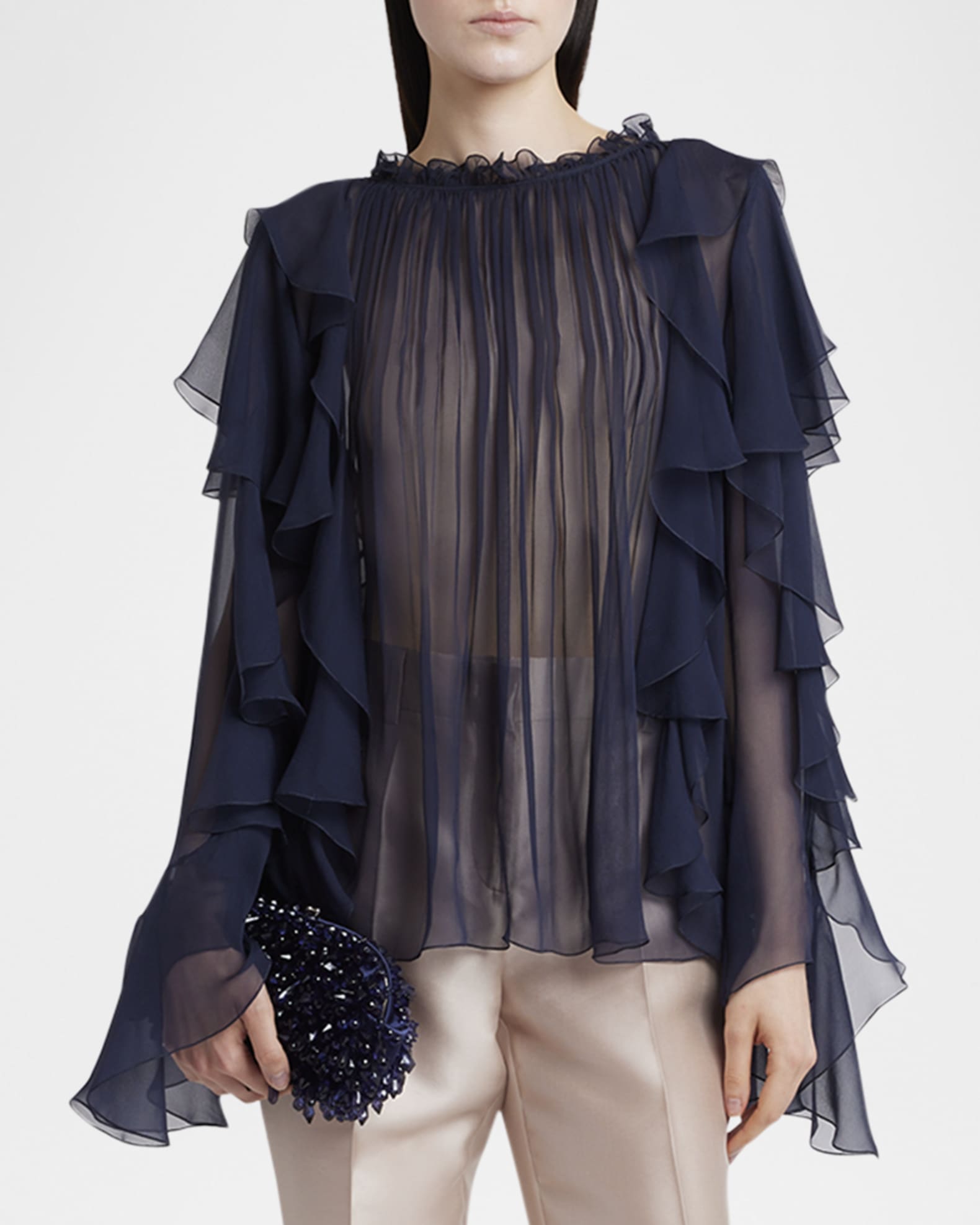 Alberta Ferretti Ruffle Long-Sleeve Silk Blouse | Neiman Marcus