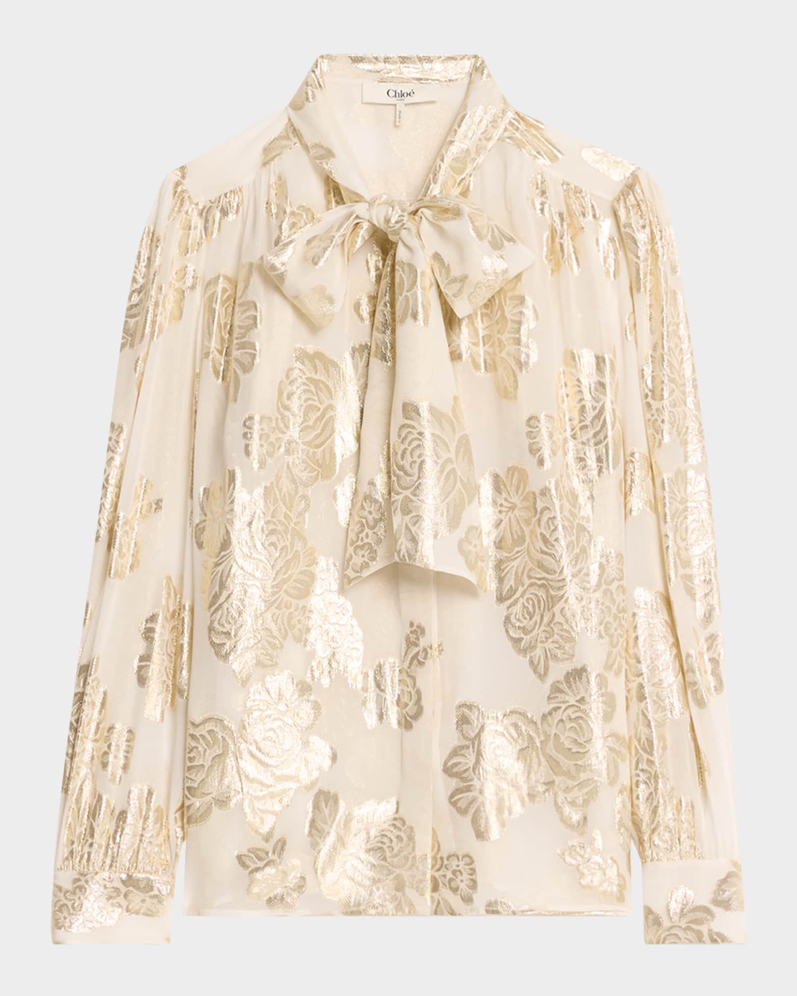 Chloe Metallic Floral Silk Scarf-Neck Top | Neiman Marcus