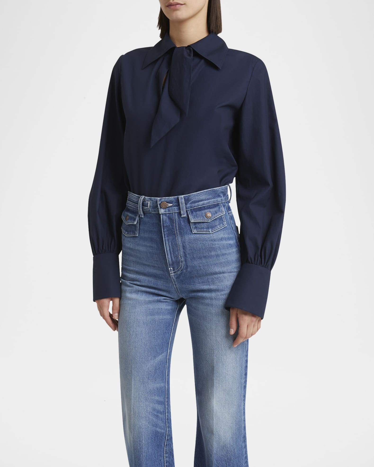 Chloe Neck-Tie Collared Cotton Top | Neiman Marcus