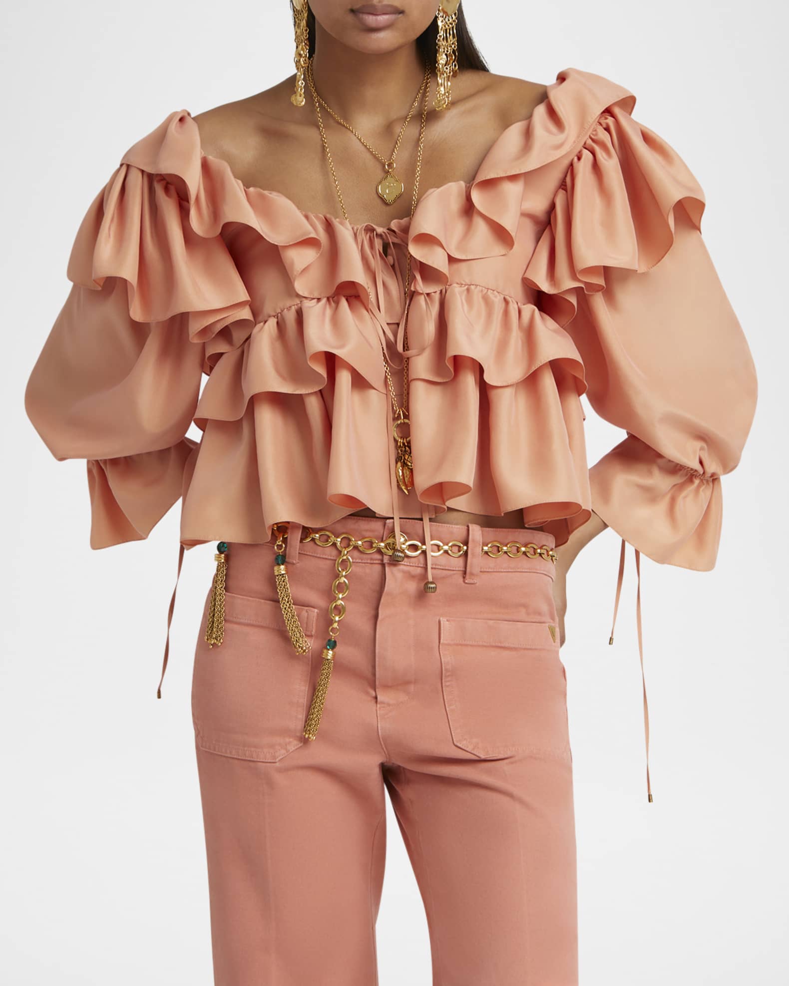 Chloe Ruffle Silk Peasant Top | Neiman Marcus