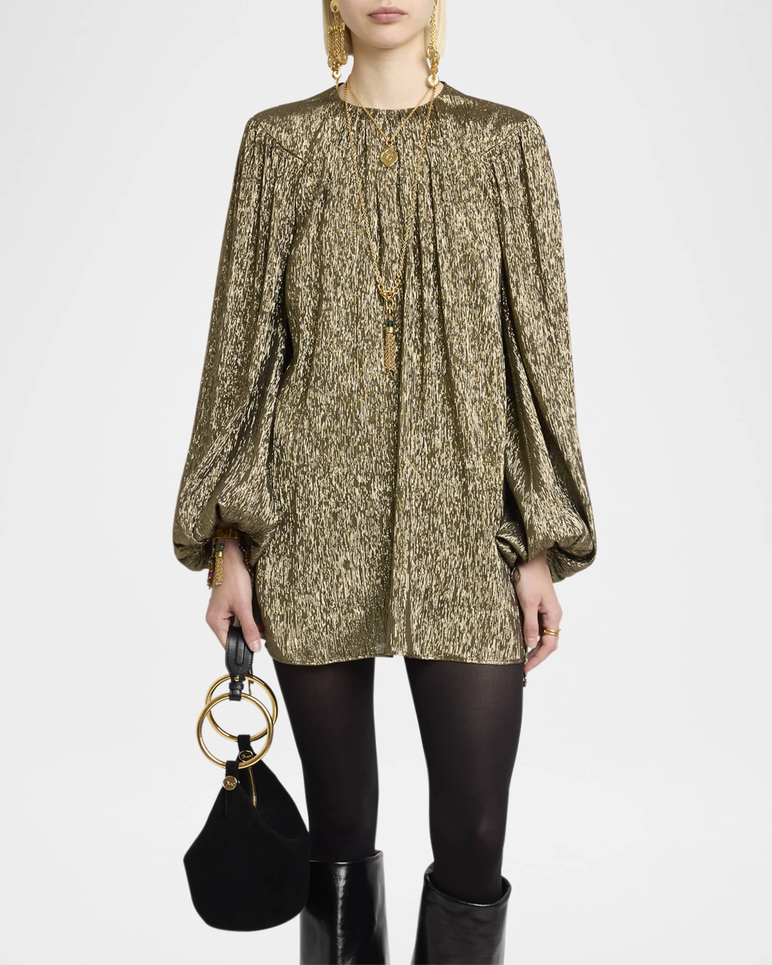 Chloe Balloon-Sleeve Metallic Silk Mini Dress | Neiman Marcus
