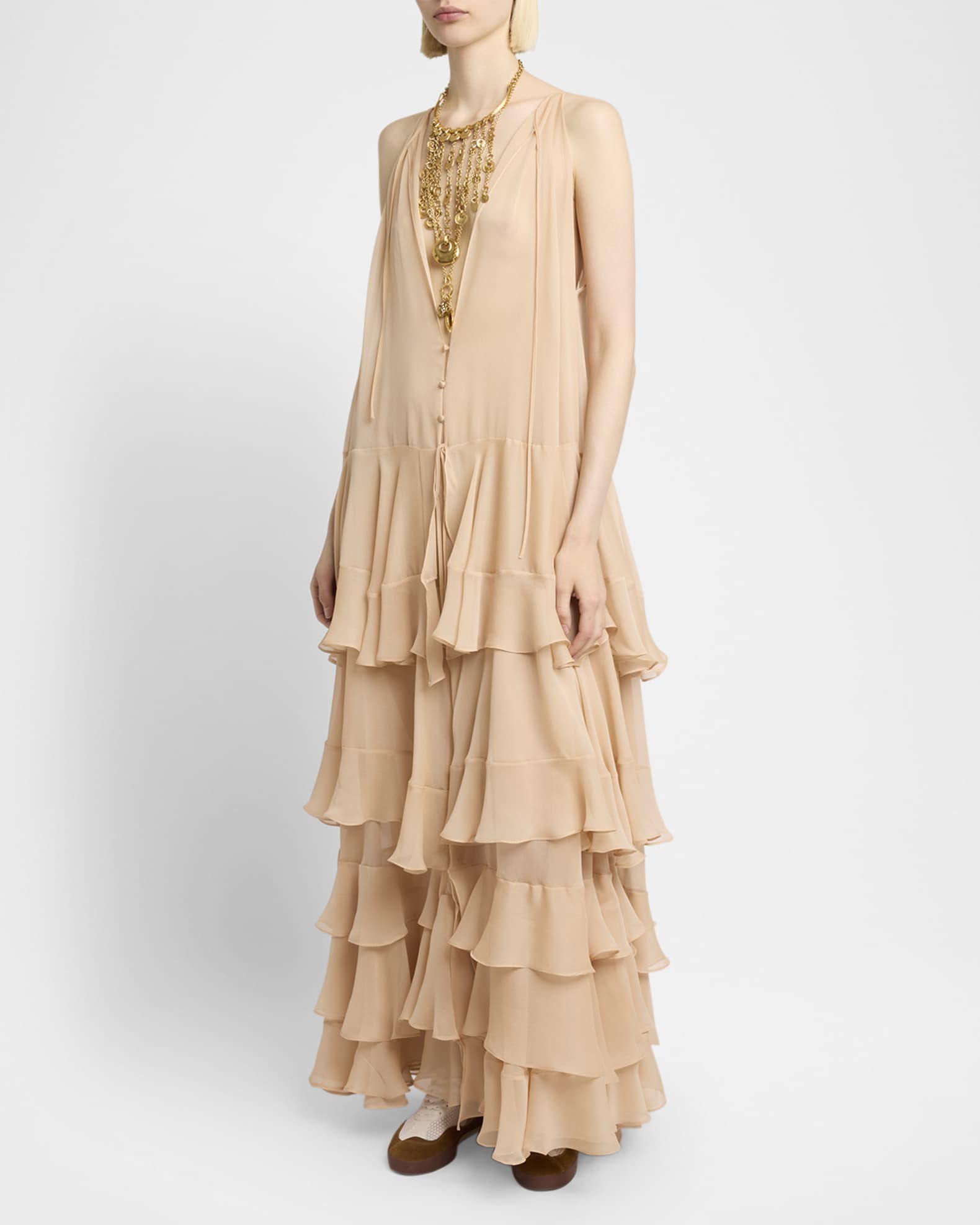 Chloe Silk Tiered-Ruffle Sleeveless Maxi Dress | Neiman Marcus