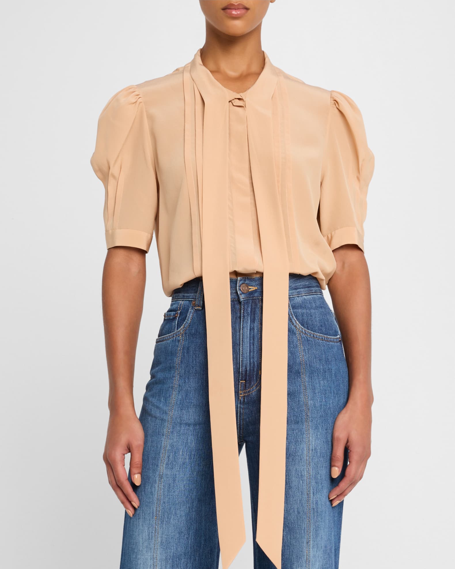 Chloe Neck-Tie Pleated Puff-Sleeve Silk Top | Neiman Marcus