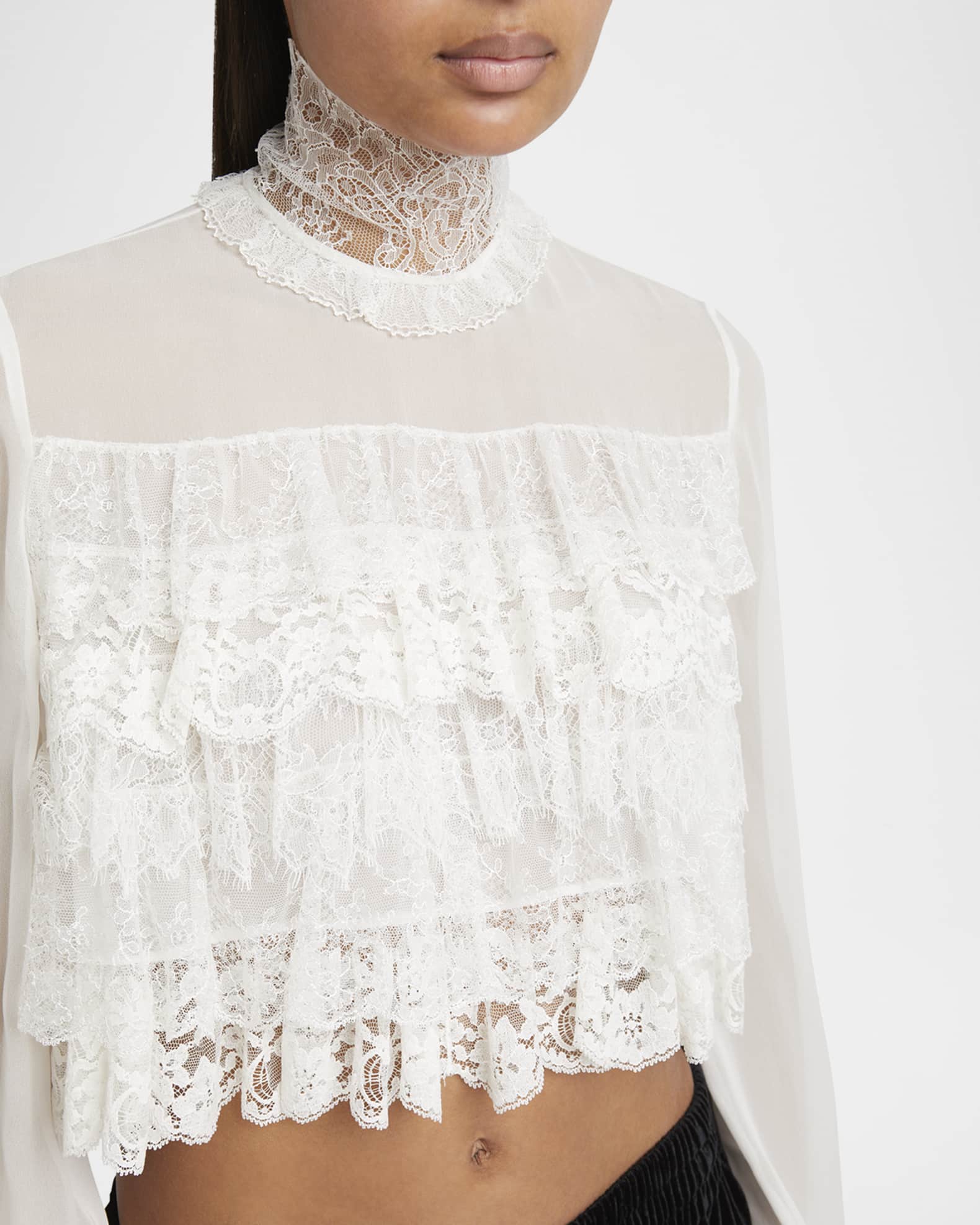 Chloe Lace Ruffle Long-Sleeve Silk Crop Top | Neiman Marcus