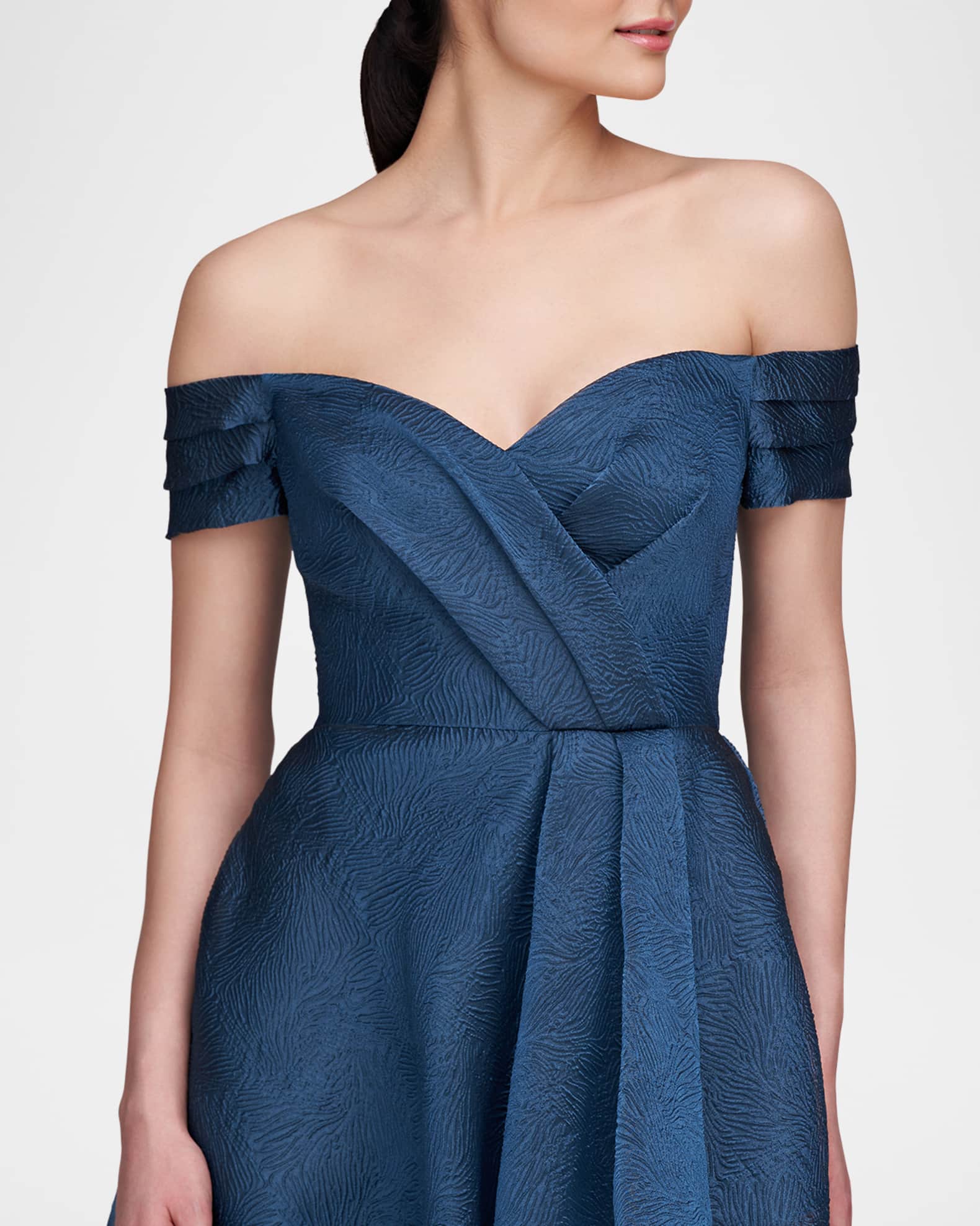 Theia Cecilia Pleated Off-Shoulder Jacquard Gown | Neiman Marcus