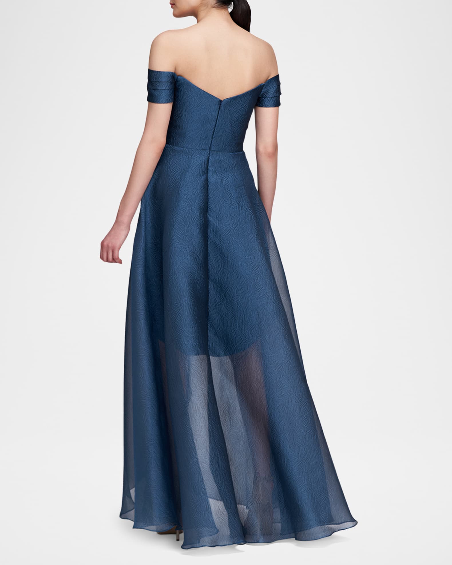 Theia Cecilia Pleated Off-Shoulder Jacquard Gown | Neiman Marcus