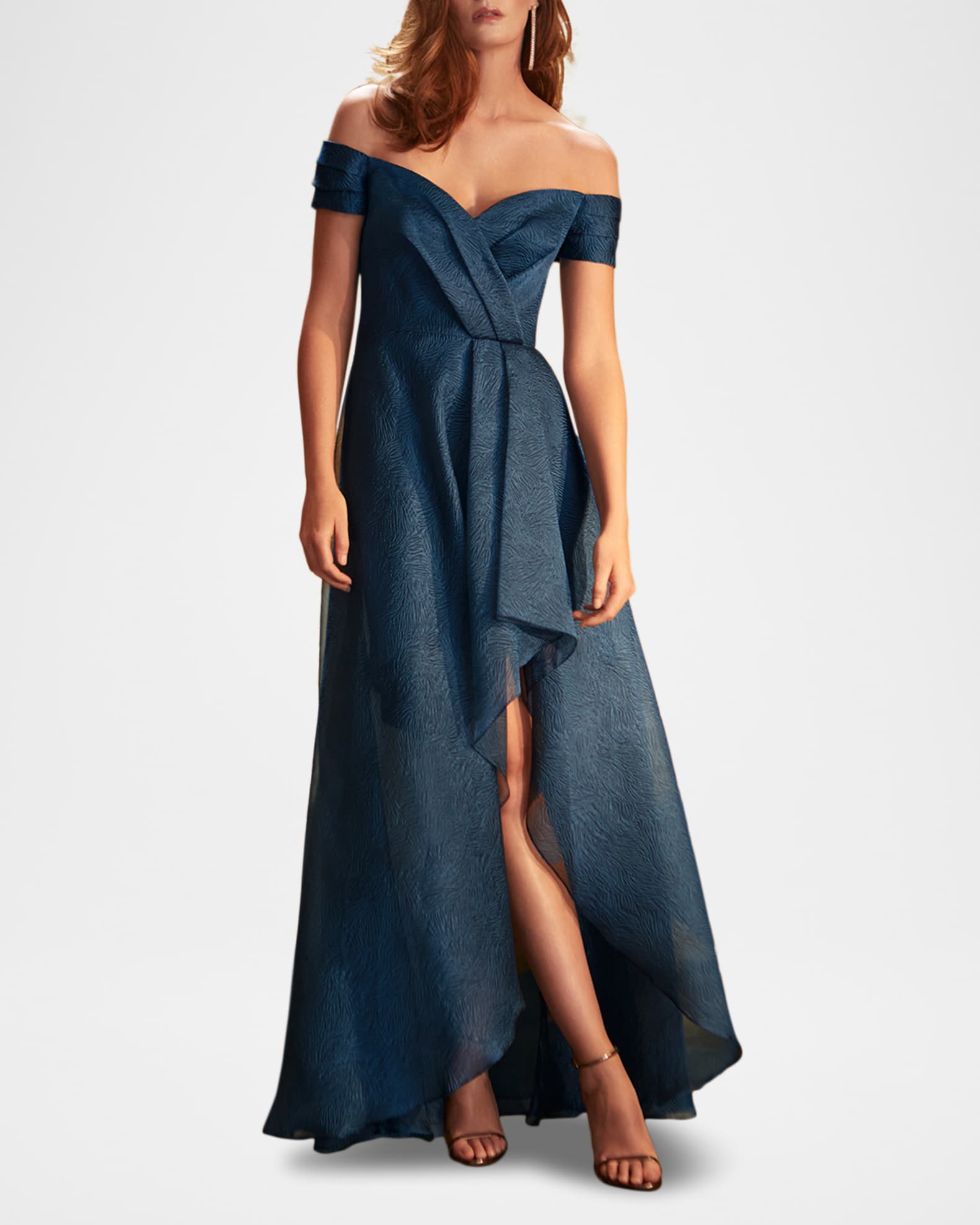 Theia Cecilia Pleated Off-Shoulder Jacquard Gown | Neiman Marcus