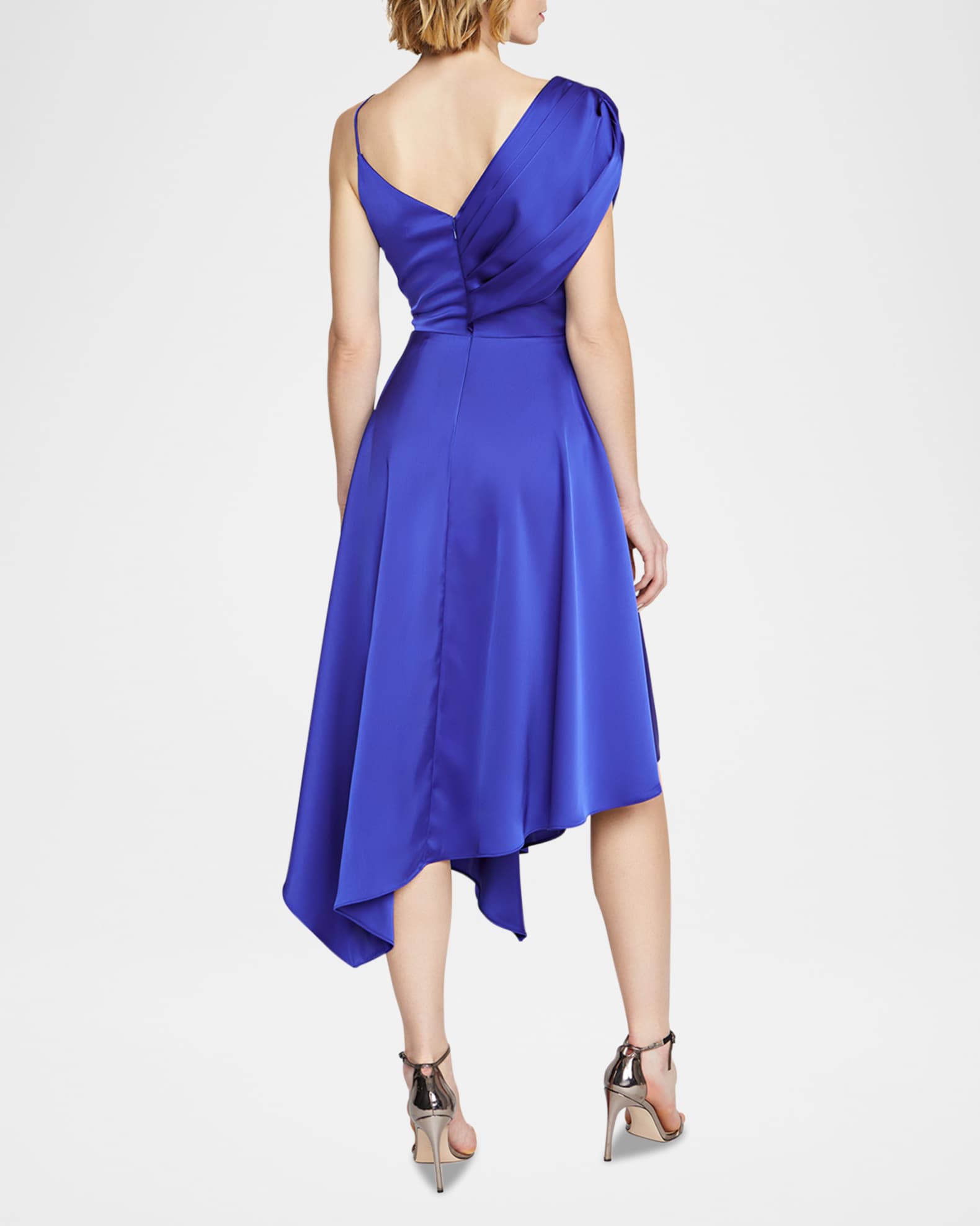 Theia Elsie Pleated High-Low Midi Dress | Neiman Marcus