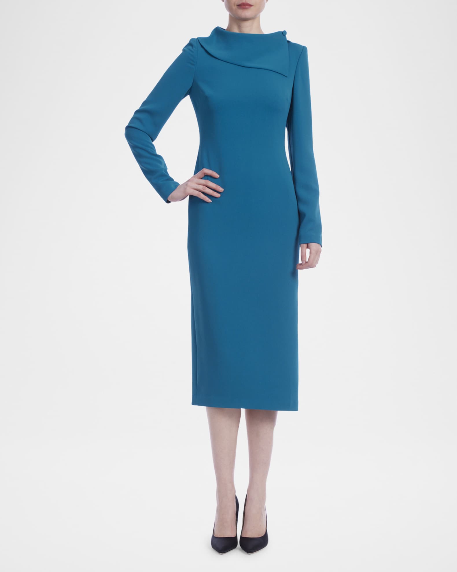 Badgley Mischka Collection Foldover Funnel-Neck Midi Dress | Neiman Marcus