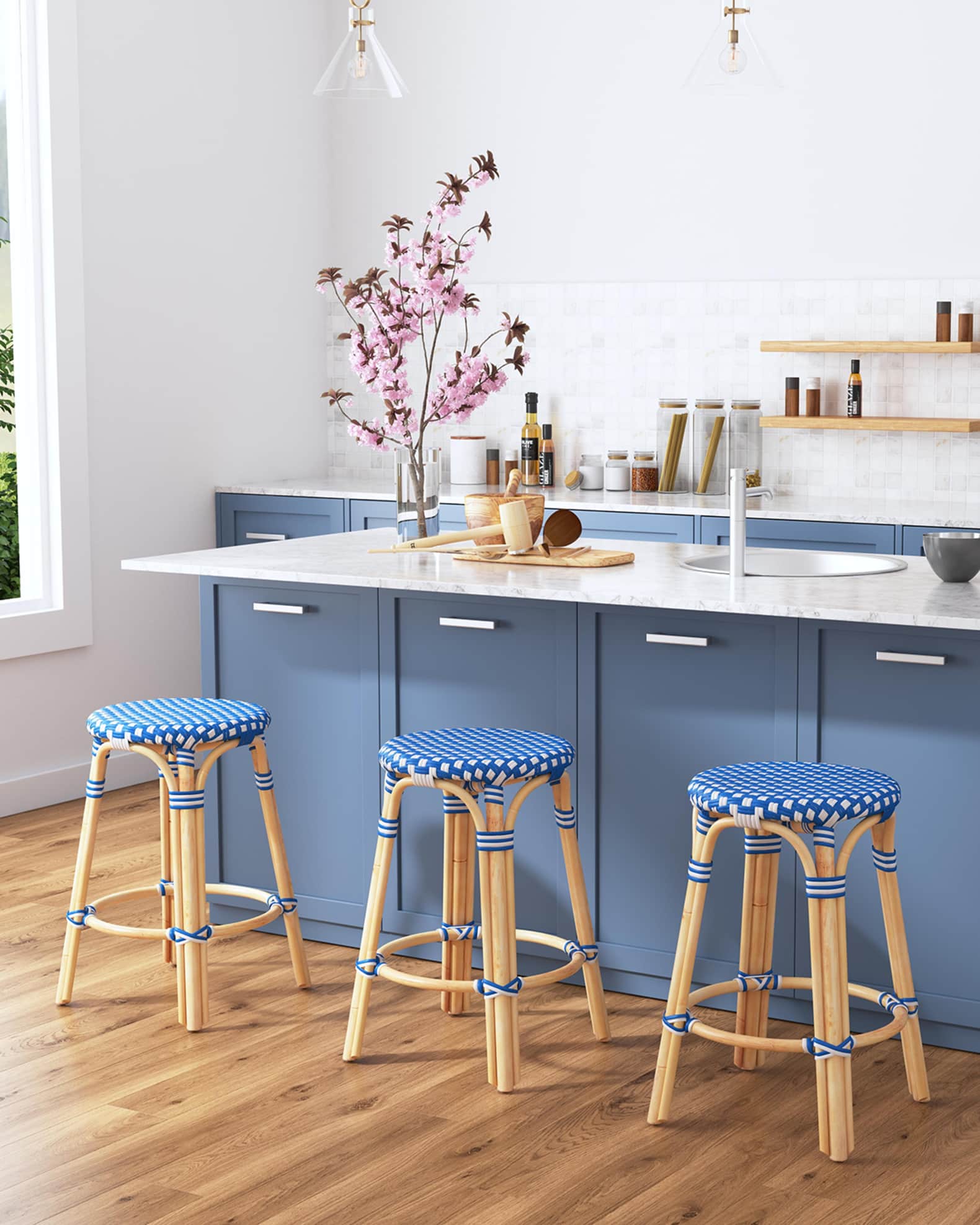 Butler Specialty Co Tobias 24 Rattan Counter Stool Blue White Dot Neiman Marcus
