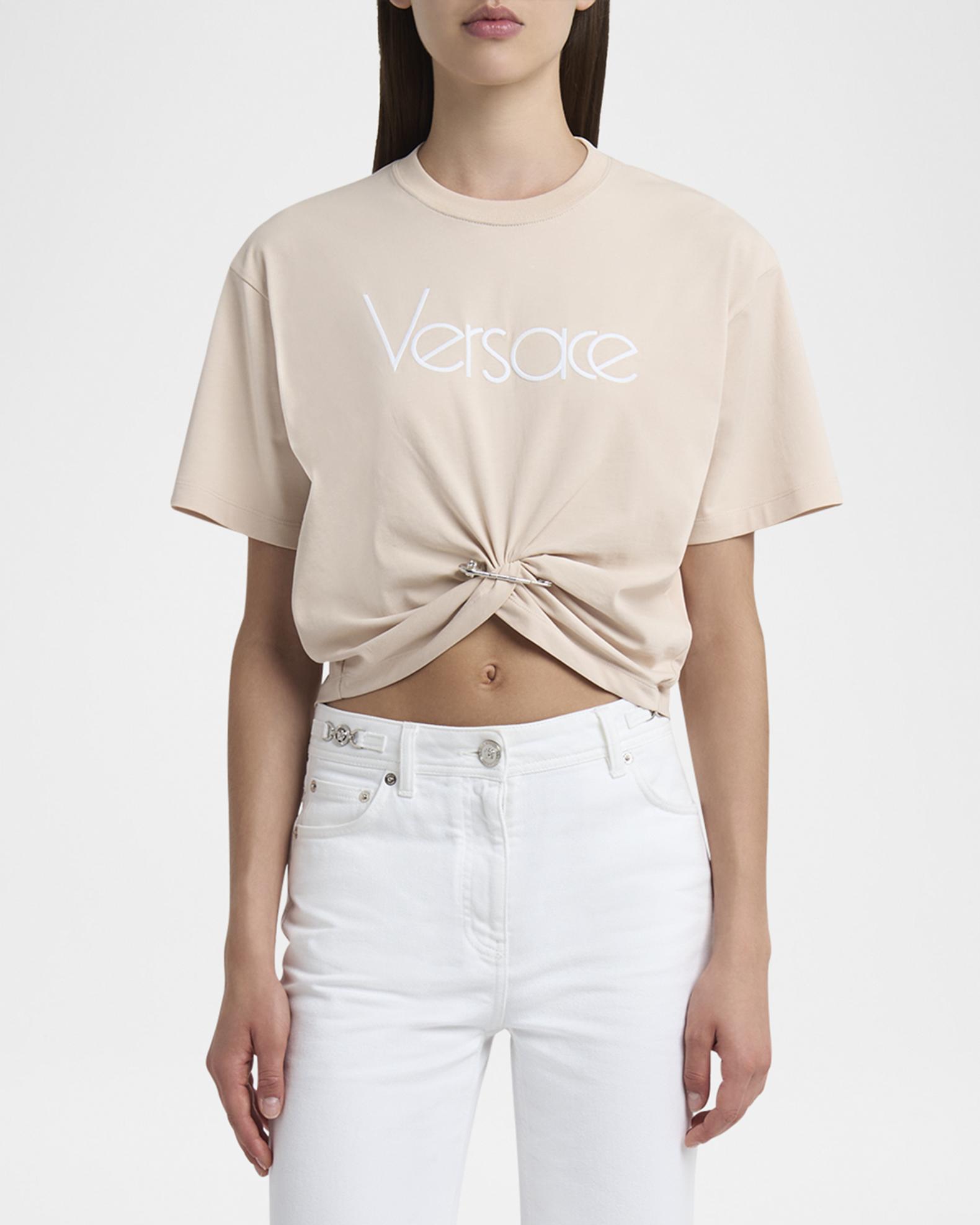 Versace Logo Twist Safety Pin Crop T Shirt Neiman Marcus