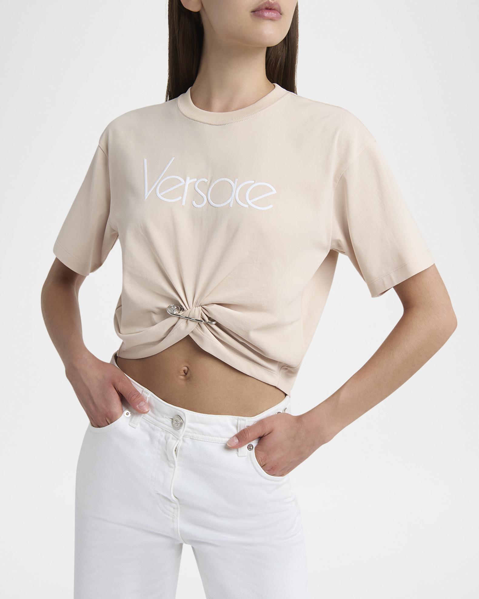 Versace Logo Twist Safety Pin Crop T Shirt Neiman Marcus