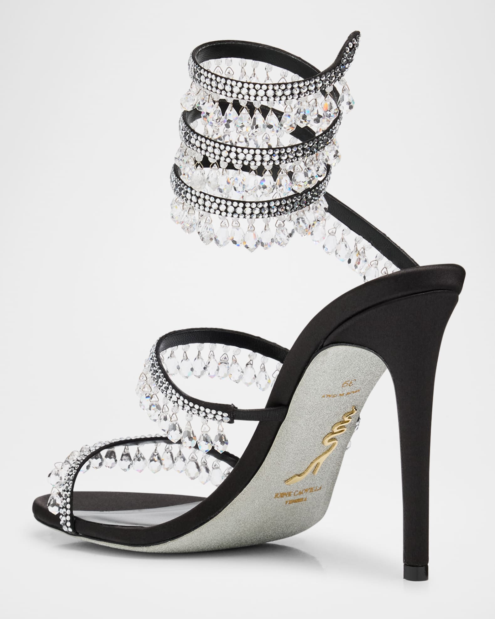 Rene Caovilla Satin Strass Chandelier Snake Wrap Sandals | Neiman Marcus