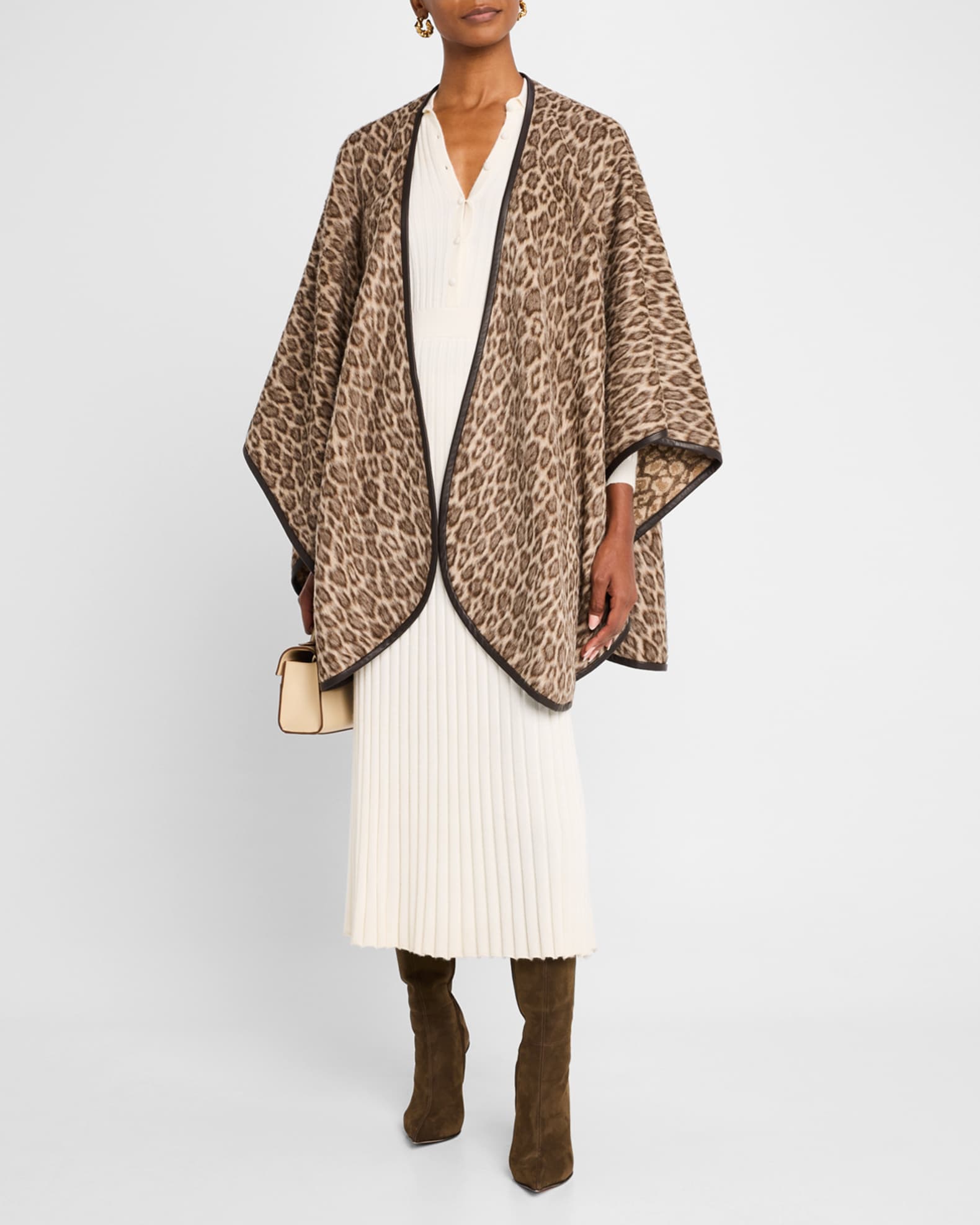 Sofia Cashmere Leopard-Print Cape W/ Napa Leather Trim | Neiman Marcus