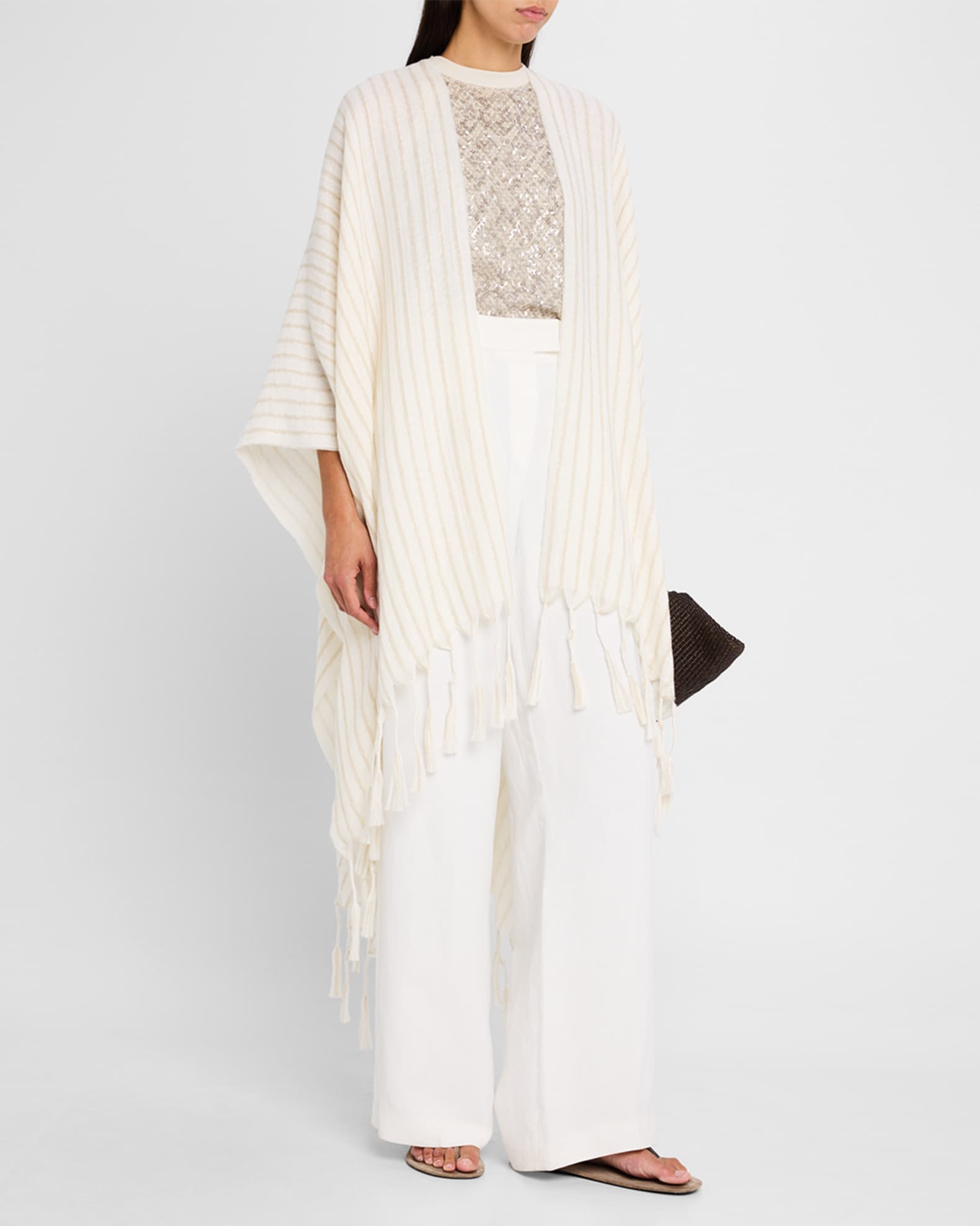 Brunello Cucinelli Tassel Metallic Wool Poncho | Neiman Marcus
