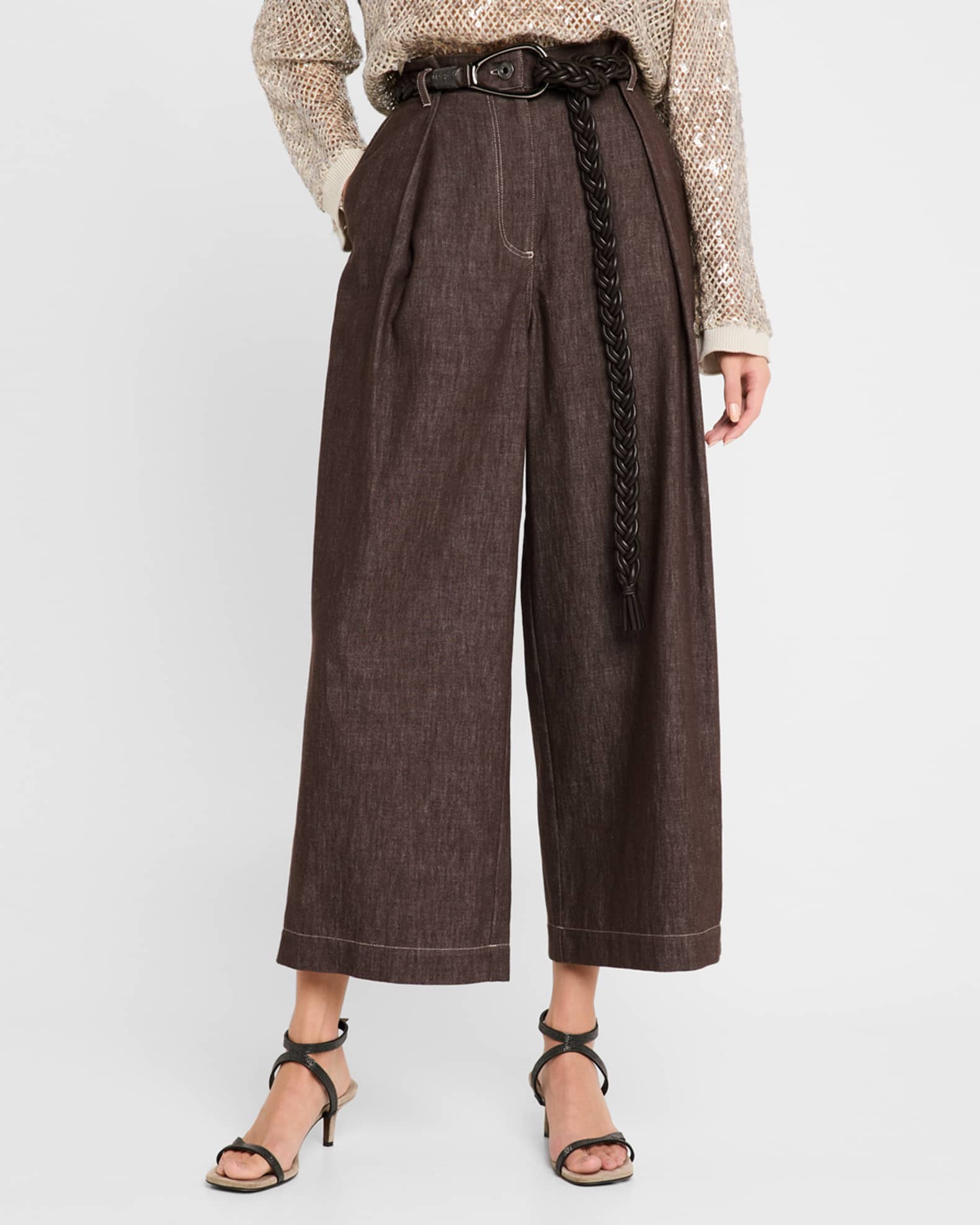 Brunello Cucinelli A-Line Pleated Wide Leg Cropped Denim Pants | Neiman ...