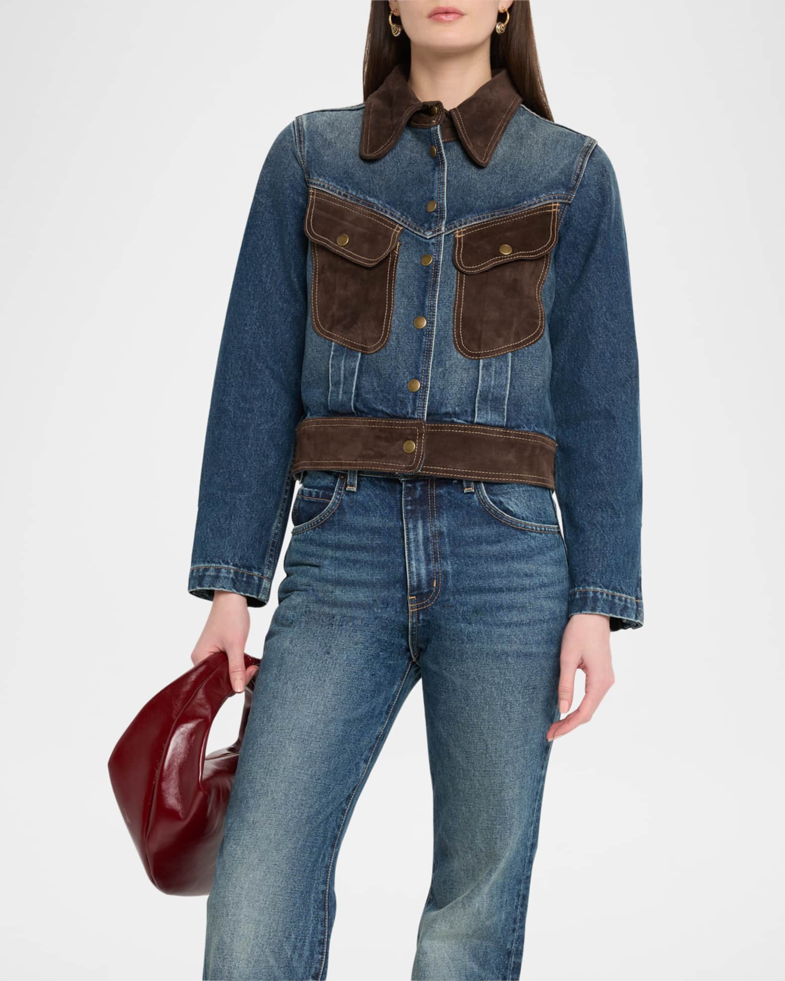 Nili Lotan Brooklyn Suede-Trim Denim Jacket | Neiman Marcus