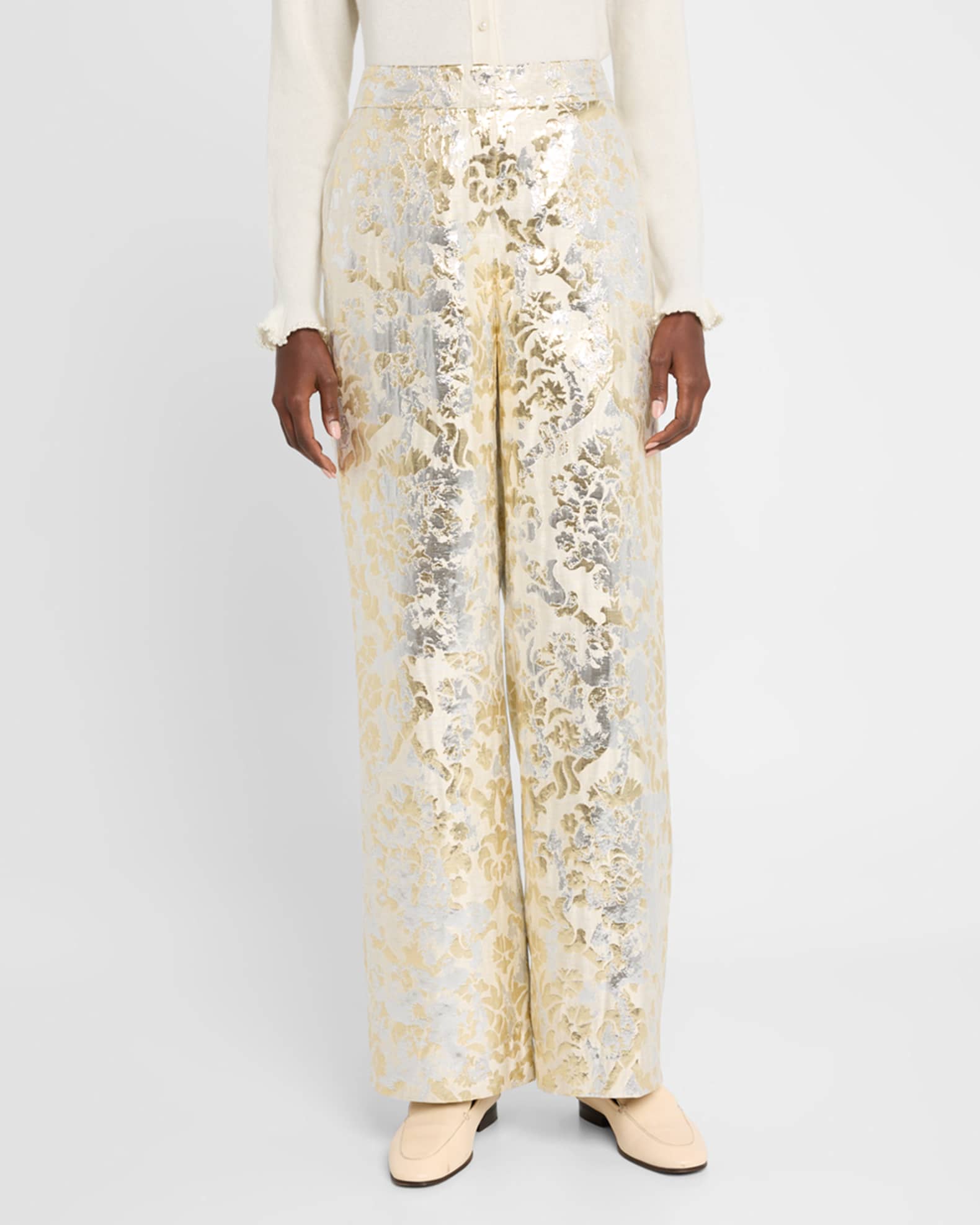 Lafayette 148 New York Sullivan High-Rise Metallic Jacquard Pants | Neiman Marcus