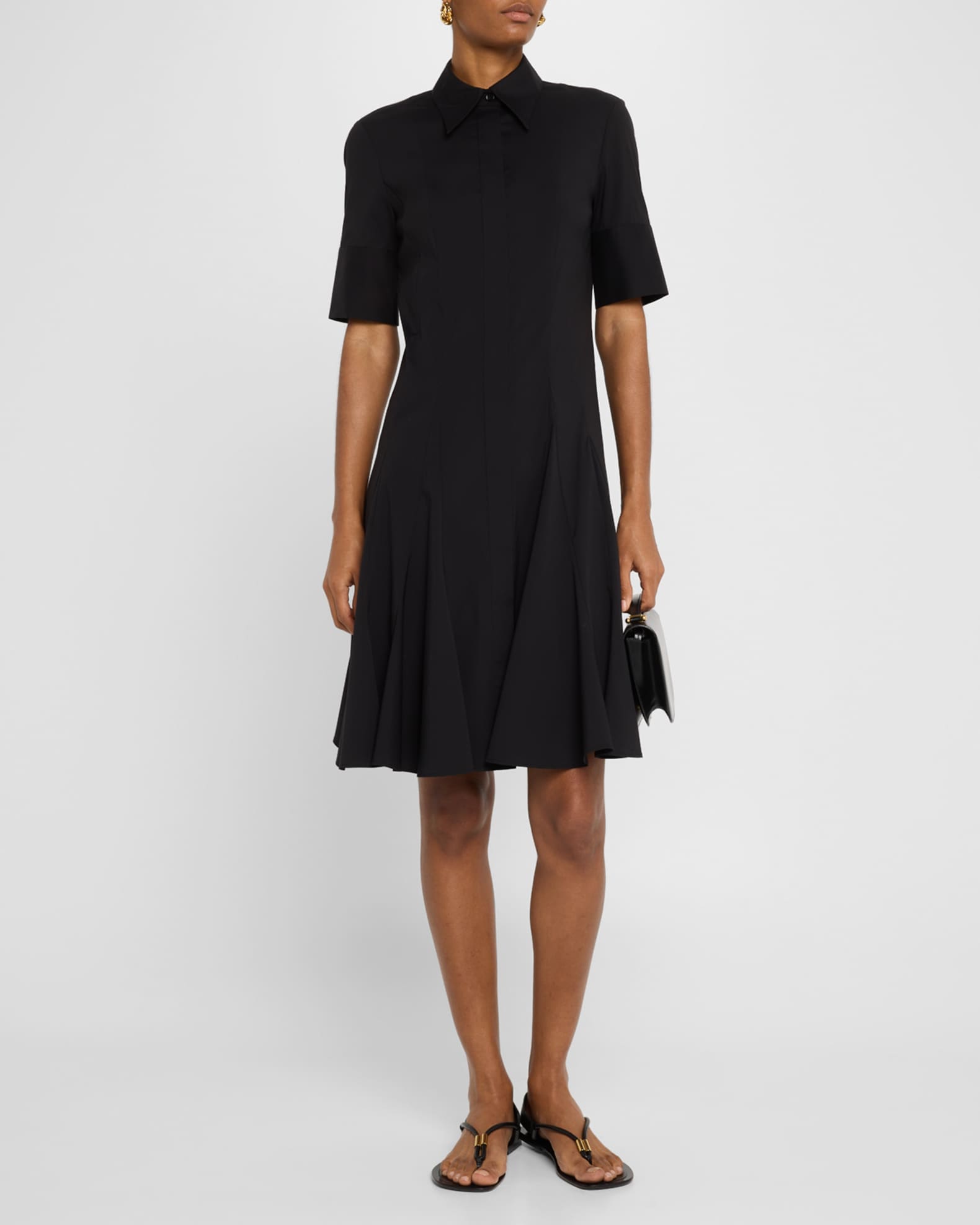 Lafayette 148 New York Elbow-Sleeve Godet Shirtdress | Neiman Marcus