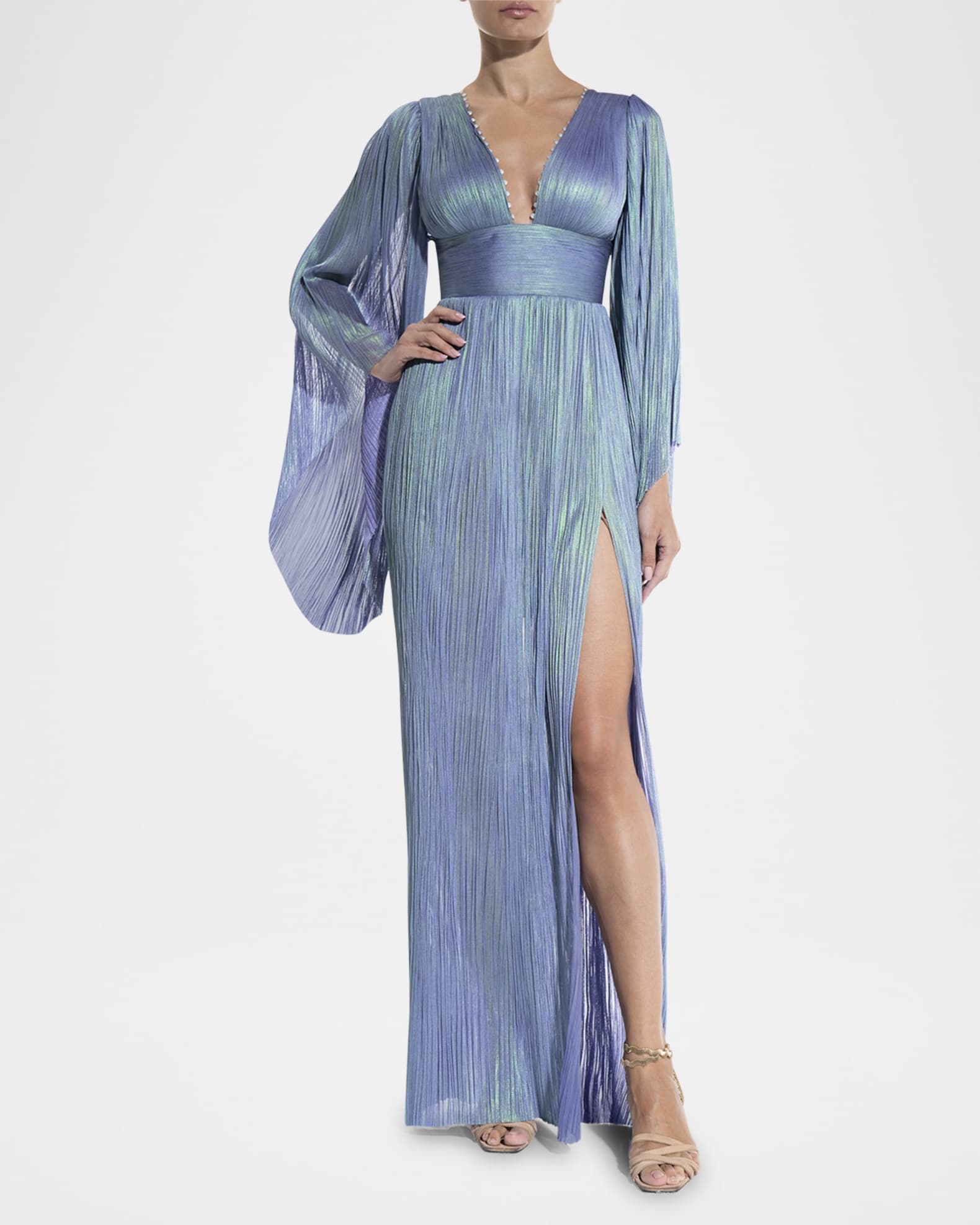 Maria Lucia Hohan Reo Harlow Long-Sleeve Open-Back Metallic Plisse Gown ...