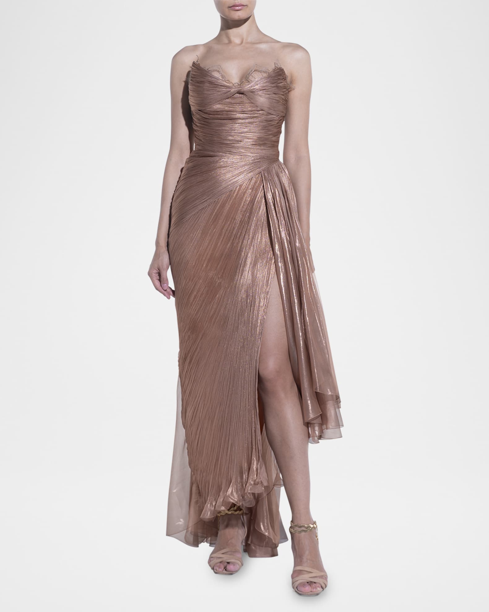 Maria Lucia Hohan Jolie Strapless Metallic Plisse High-Low Gown ...
