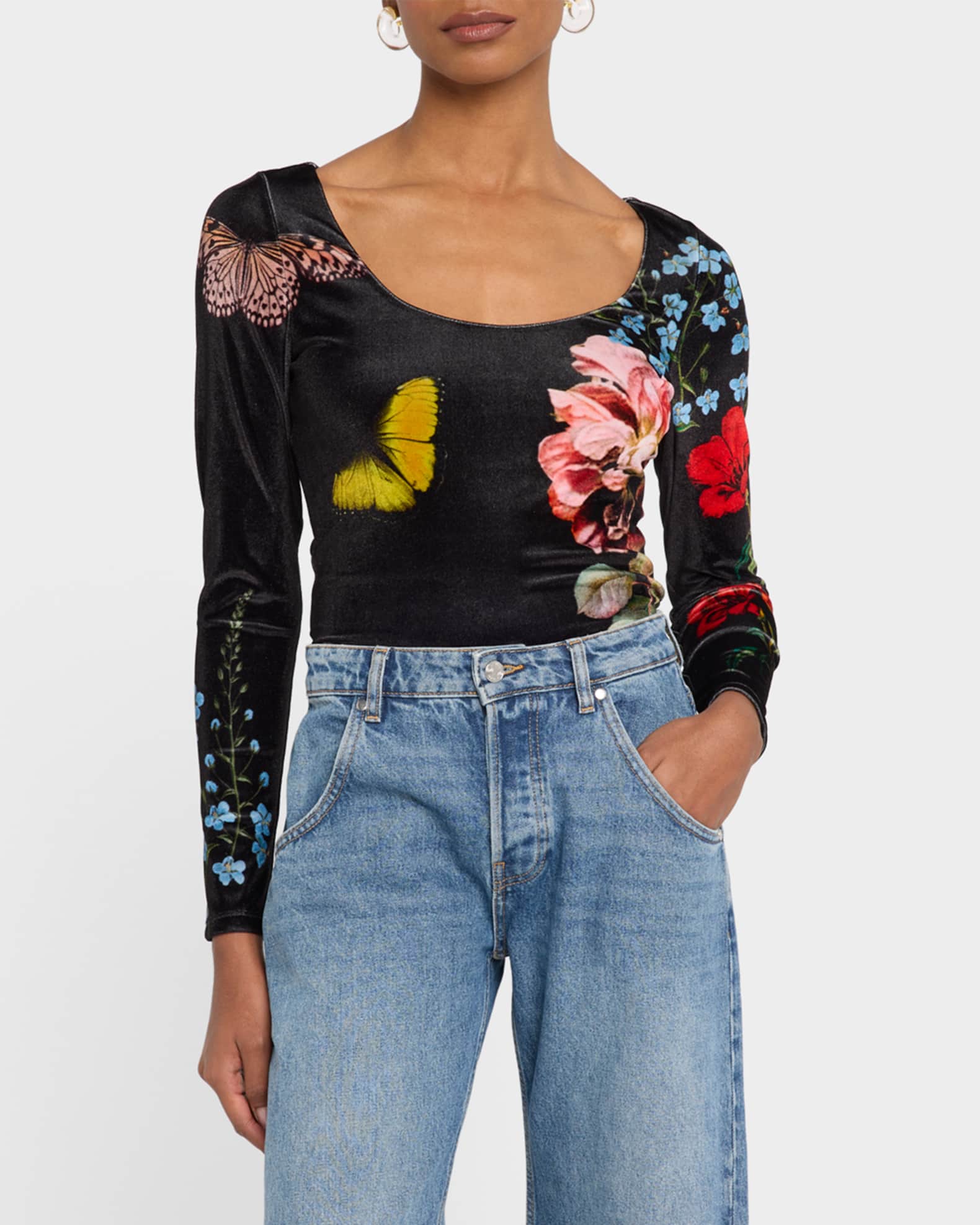 Alice + Olivia Delaina Scoop-Neck Velvet Top | Neiman Marcus