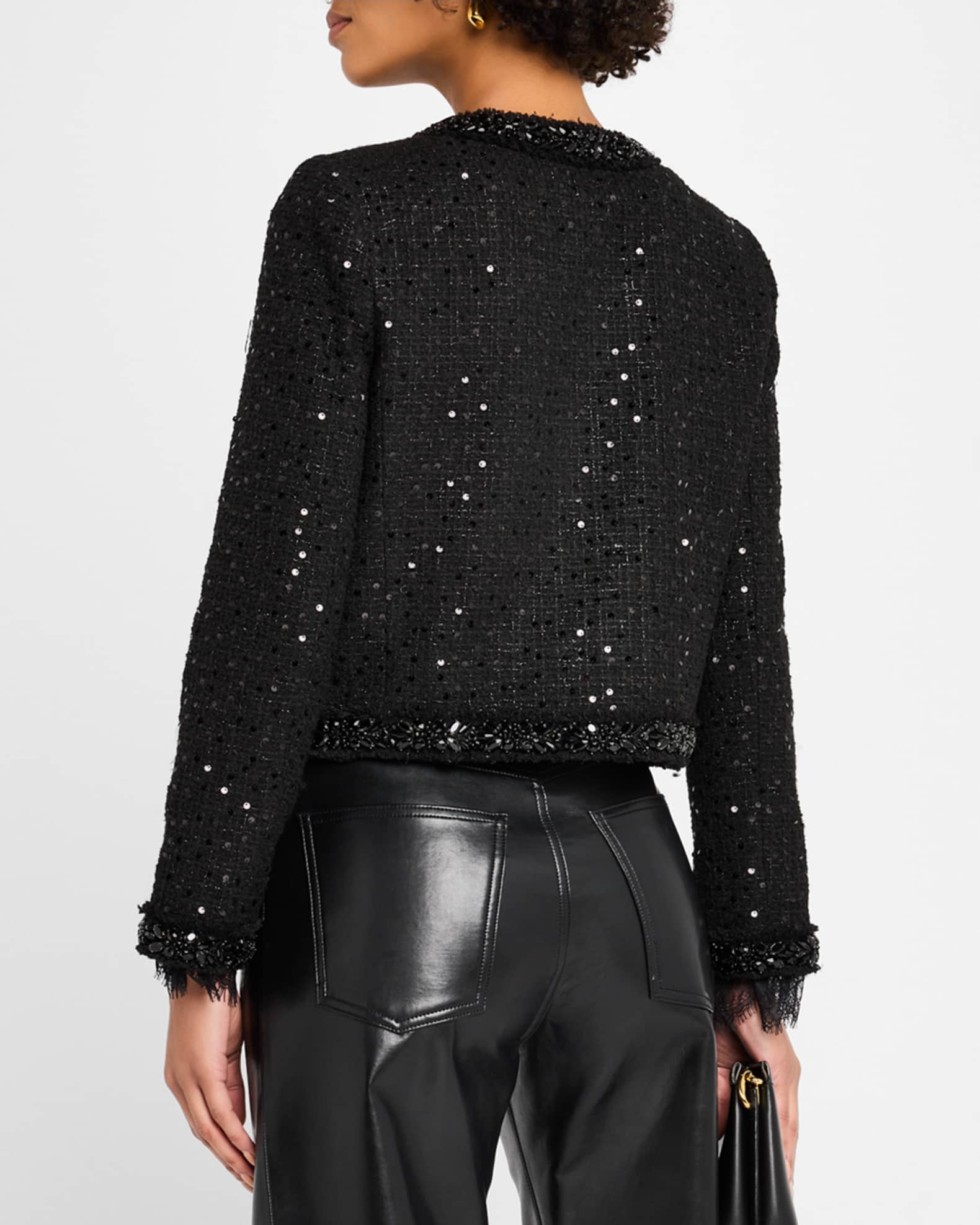 Alice + Olivia Landon Cropped Sequined Tweed Jacket with Embellished Trim | Neiman Marcus
