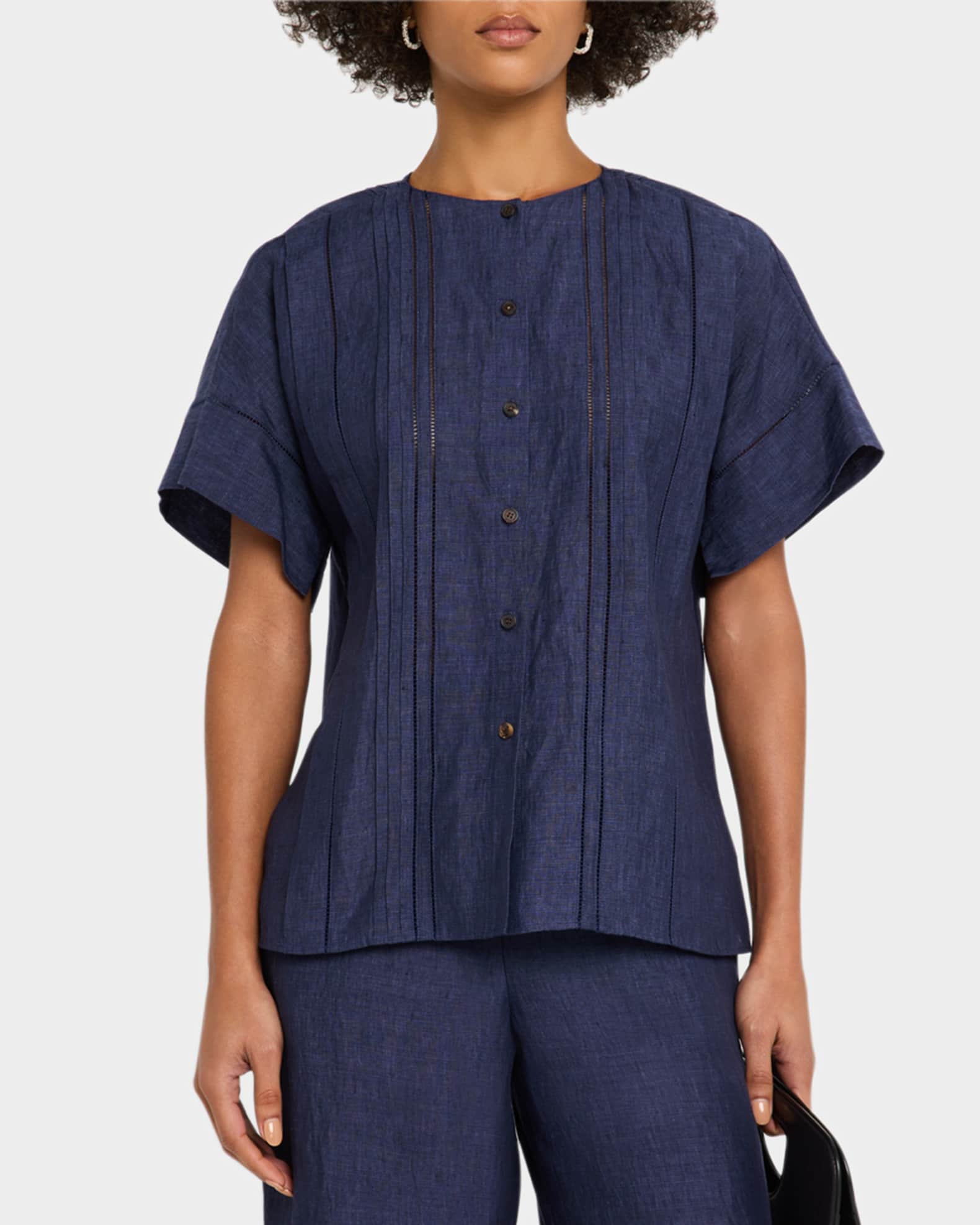 Lafayette 148 New York Pintuck Ladder Stitch Linen Blouse | Neiman Marcus