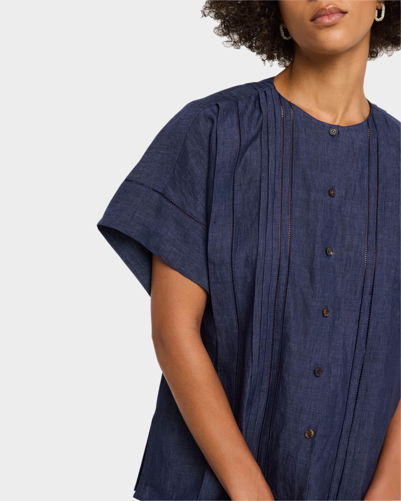 Lafayette 148 New York Pintuck Ladder Stitch Linen Blouse | Neiman Marcus