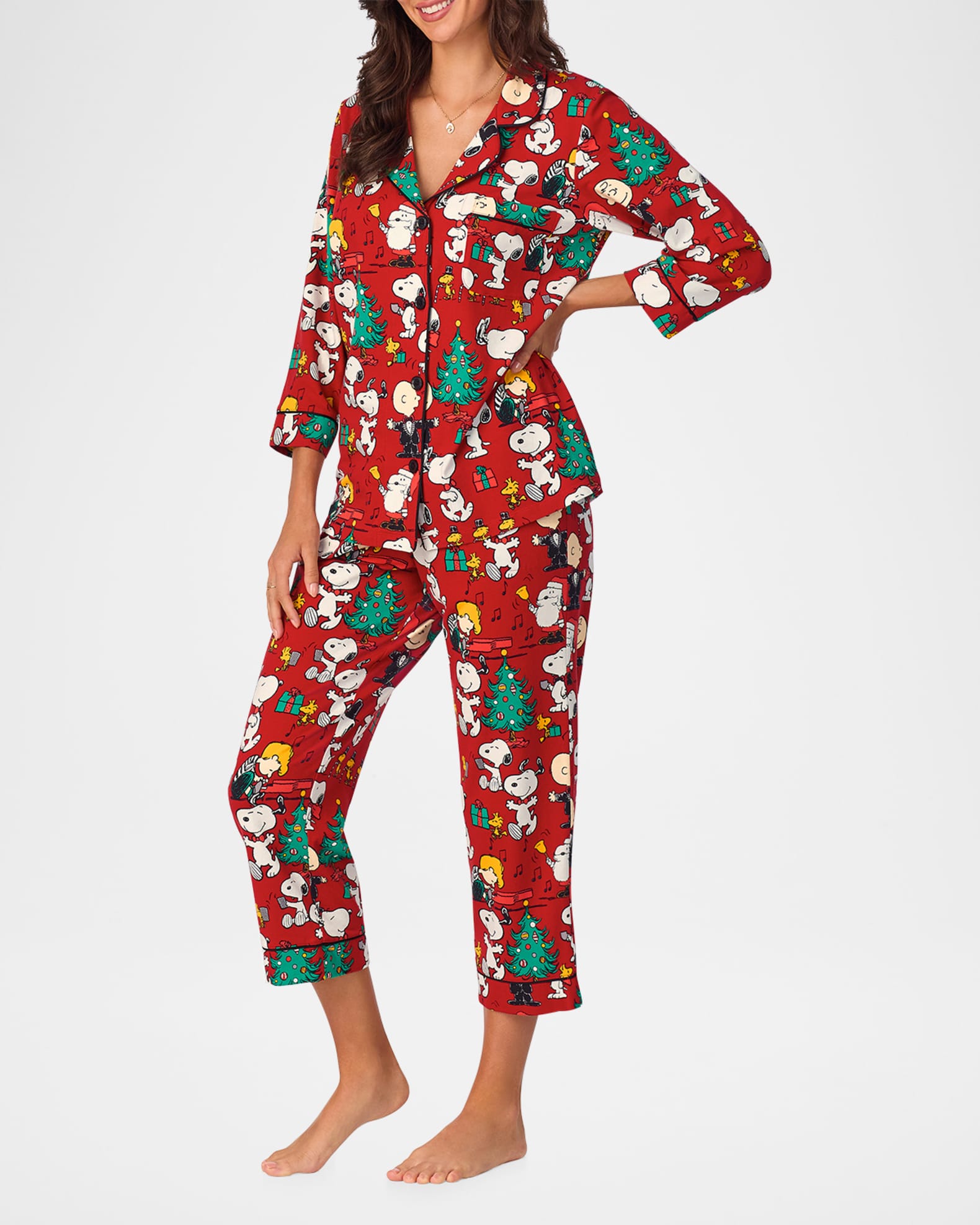 BedHead Pajamas x Peanuts Cropped Holiday-Print Pajama Set | Neiman Marcus
