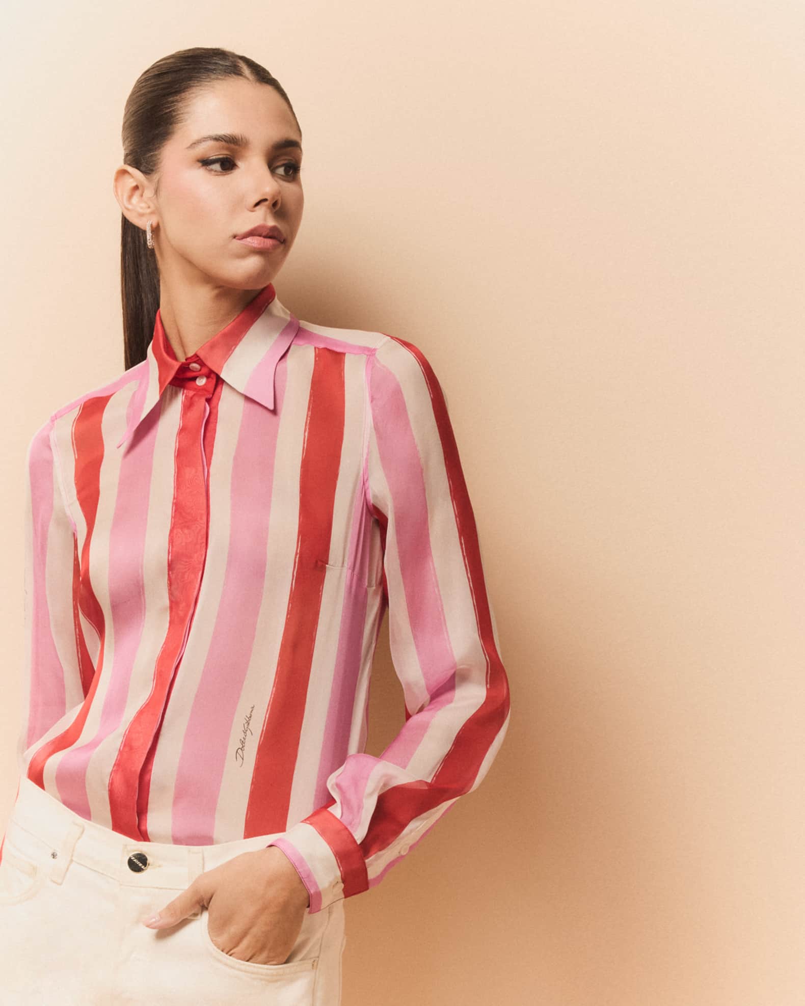 Dolce&Gabbana Stripe Button Down Chiffon Blouse | Neiman Marcus