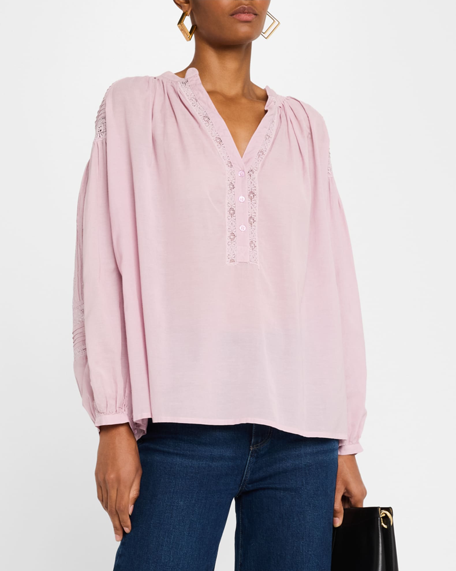 Vanessa Bruno Ruched Lace-Inset Pintuck Blouse | Neiman Marcus