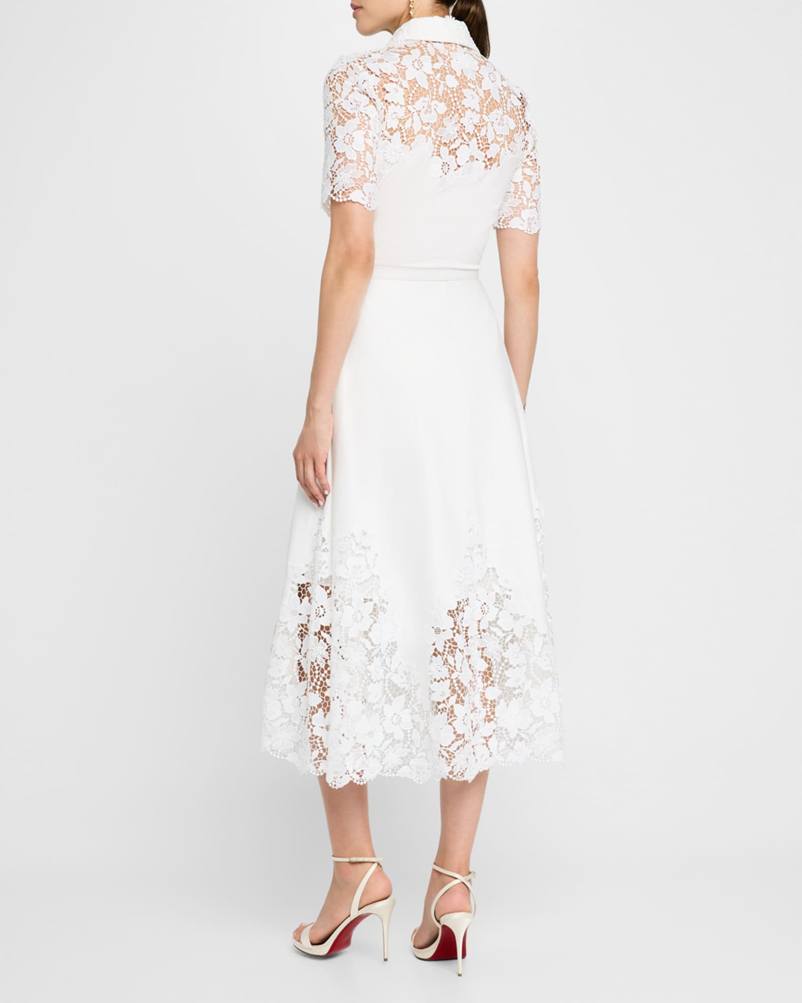 Monique Lhuillier Lace-Inset Short-Sleeve Cotton Midi Shirtdress ...