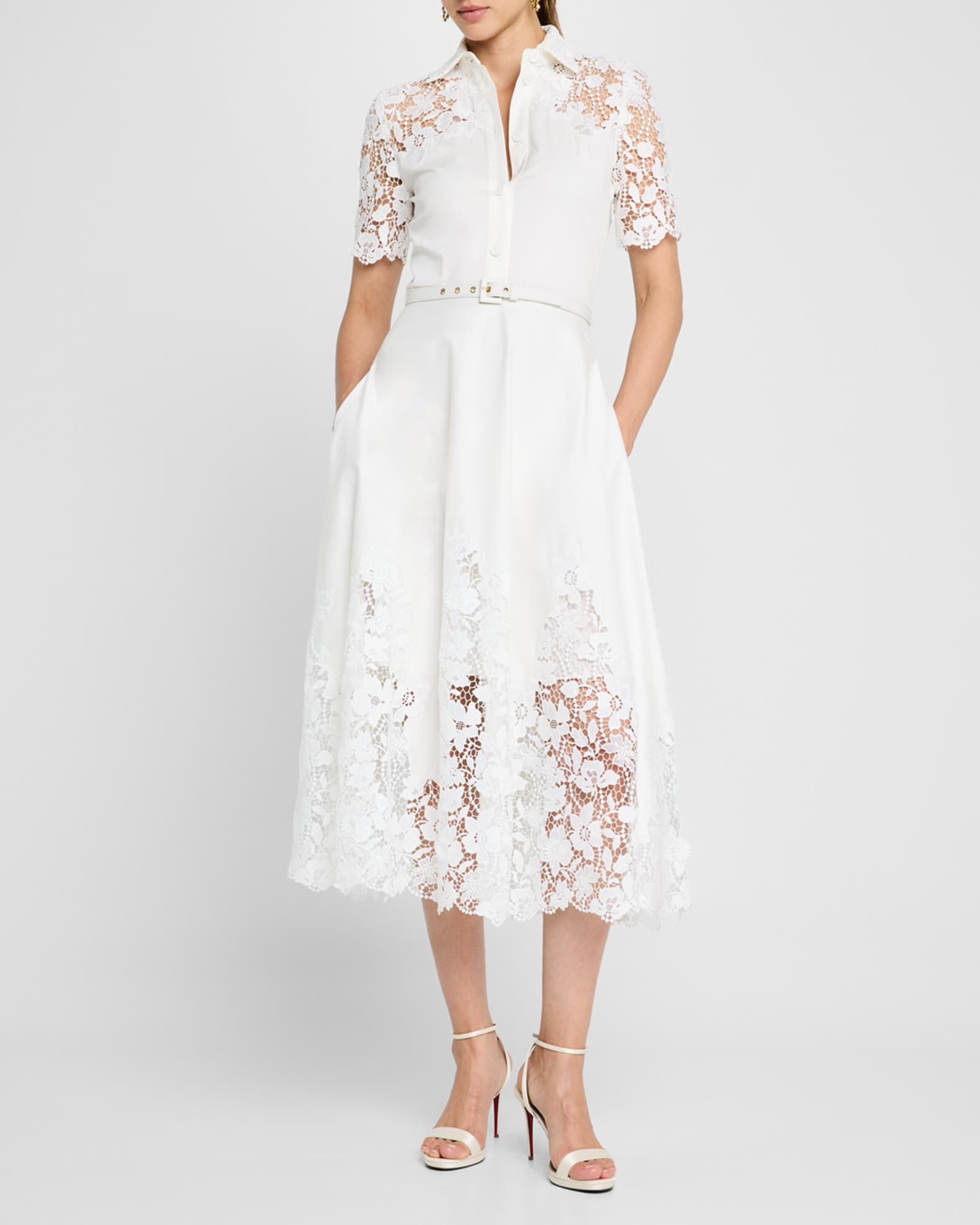 Monique Lhuillier Lace-Inset Short-Sleeve Cotton Midi Shirtdress ...