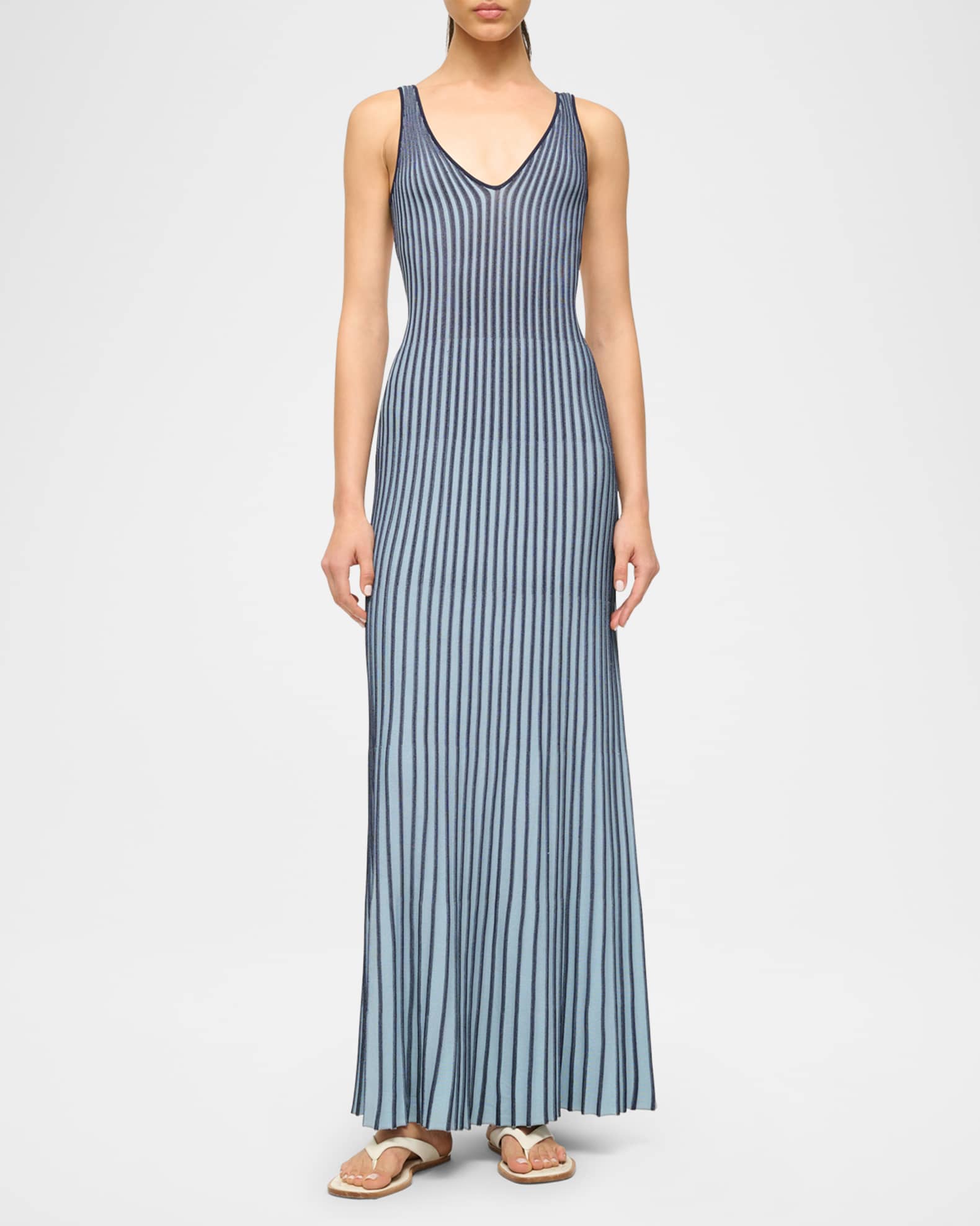 STAUD Claretta Backless Pleated Rib-Knit Dress | Neiman Marcus