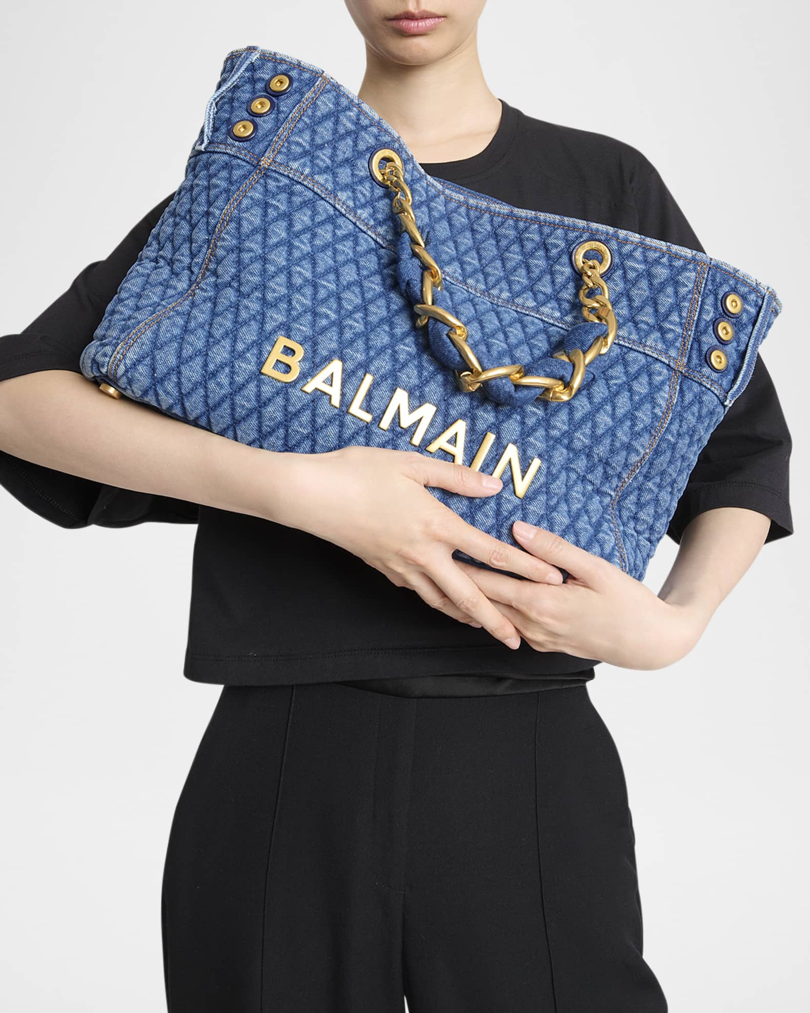 Balmain 1945 Shoulder Bag in Grid Quilted Denim | Neiman Marcus
