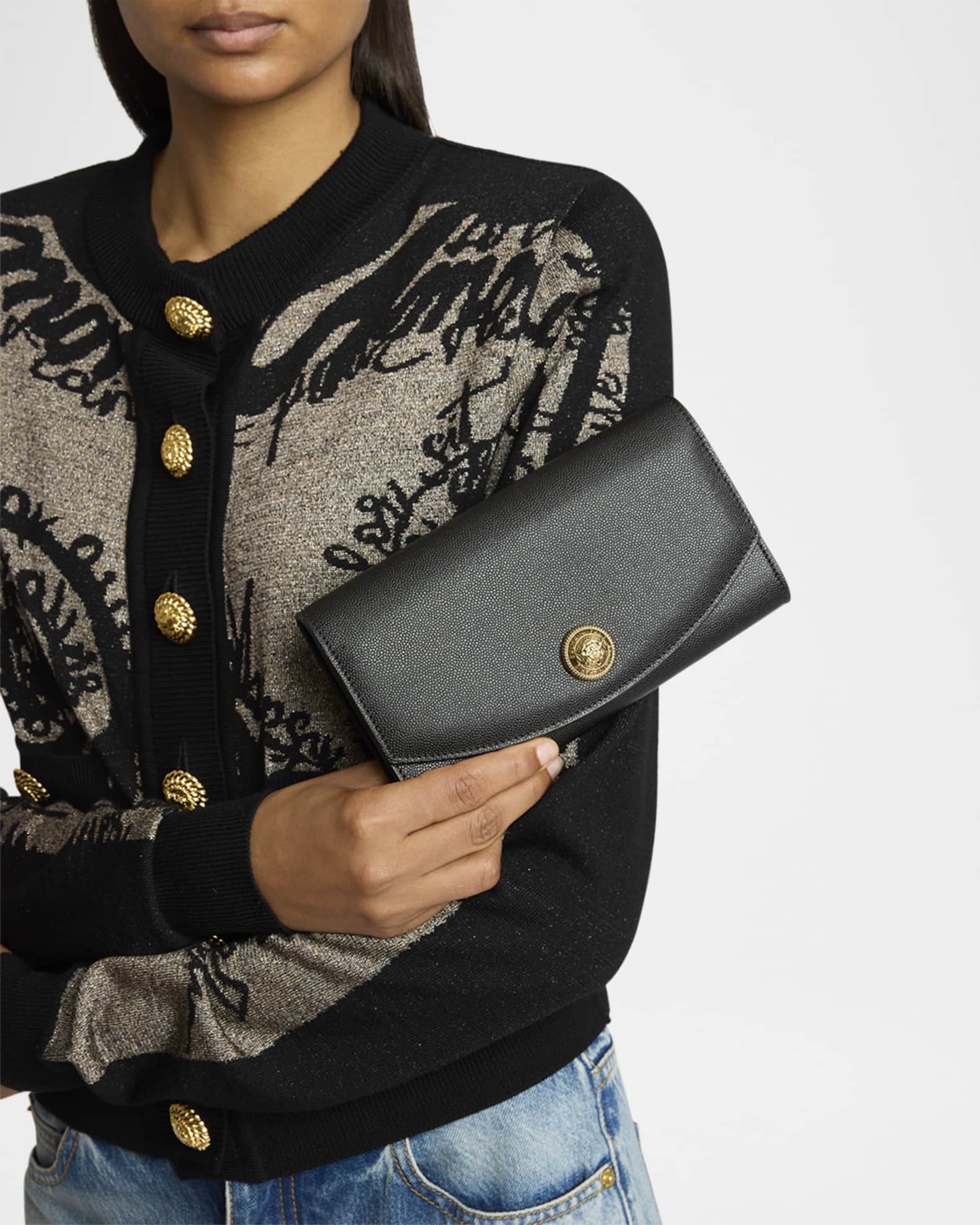 Balmain Emblem Wallet on Chain in Grained Calfskin | Neiman Marcus