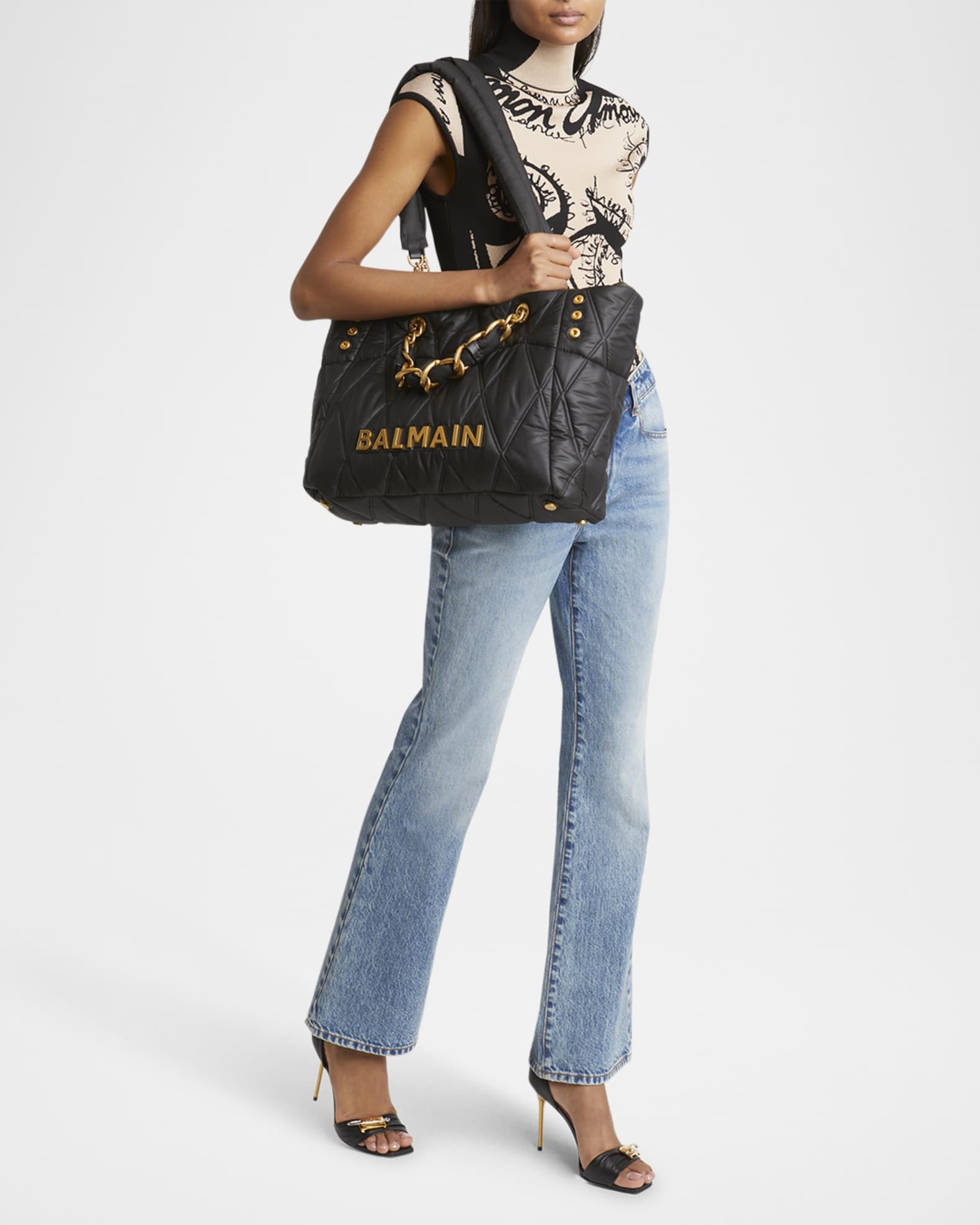 Balmain 1945 Shoulder Bag in Grid Quilted Nylon | Neiman Marcus