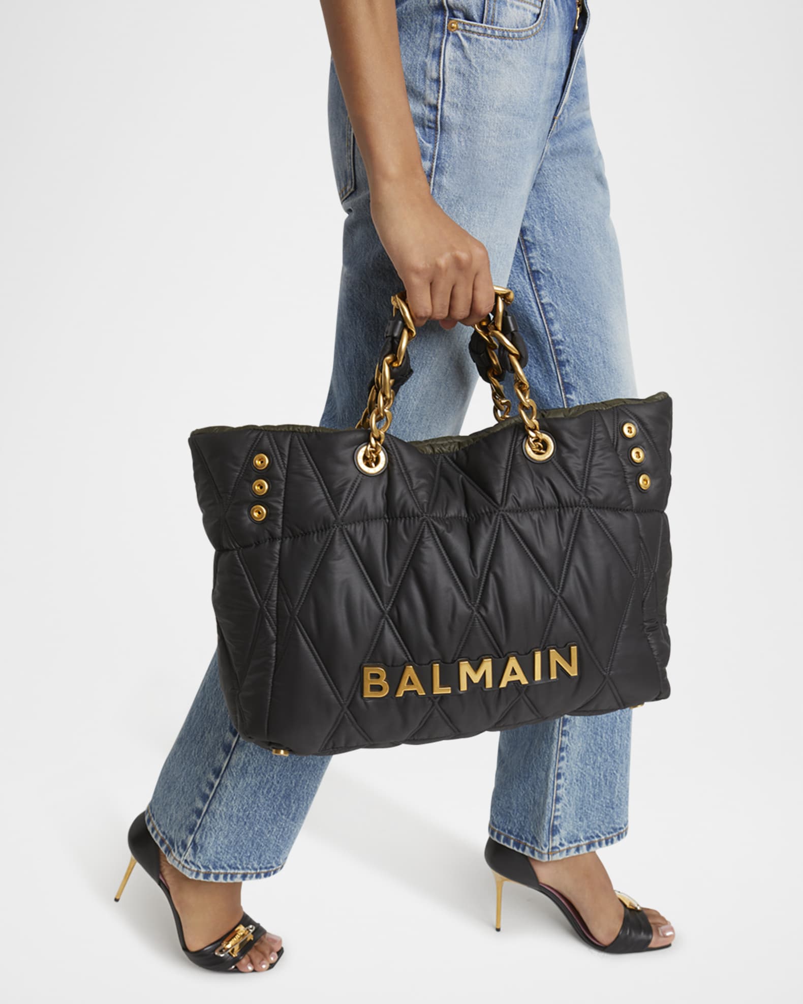 Balmain 1945 Shoulder Bag in Grid Quilted Nylon | Neiman Marcus