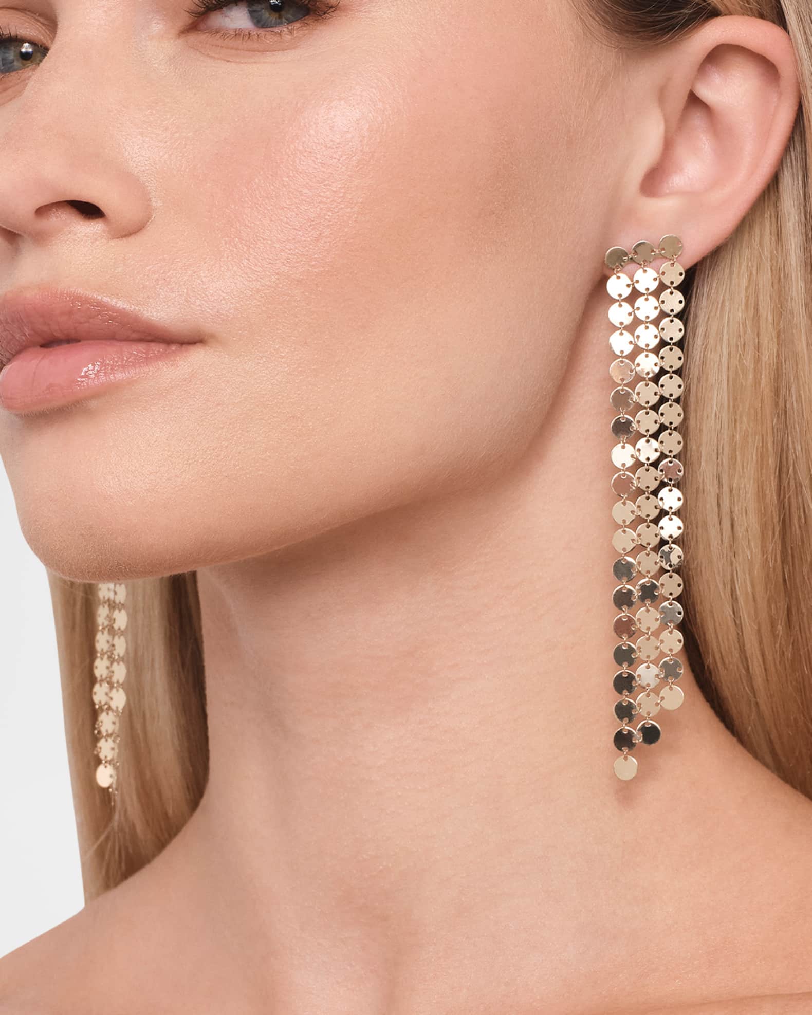 LANA 14K Yellow Gold 3-Strand Long Laser Disc Chainmail Fringe Earrings ...