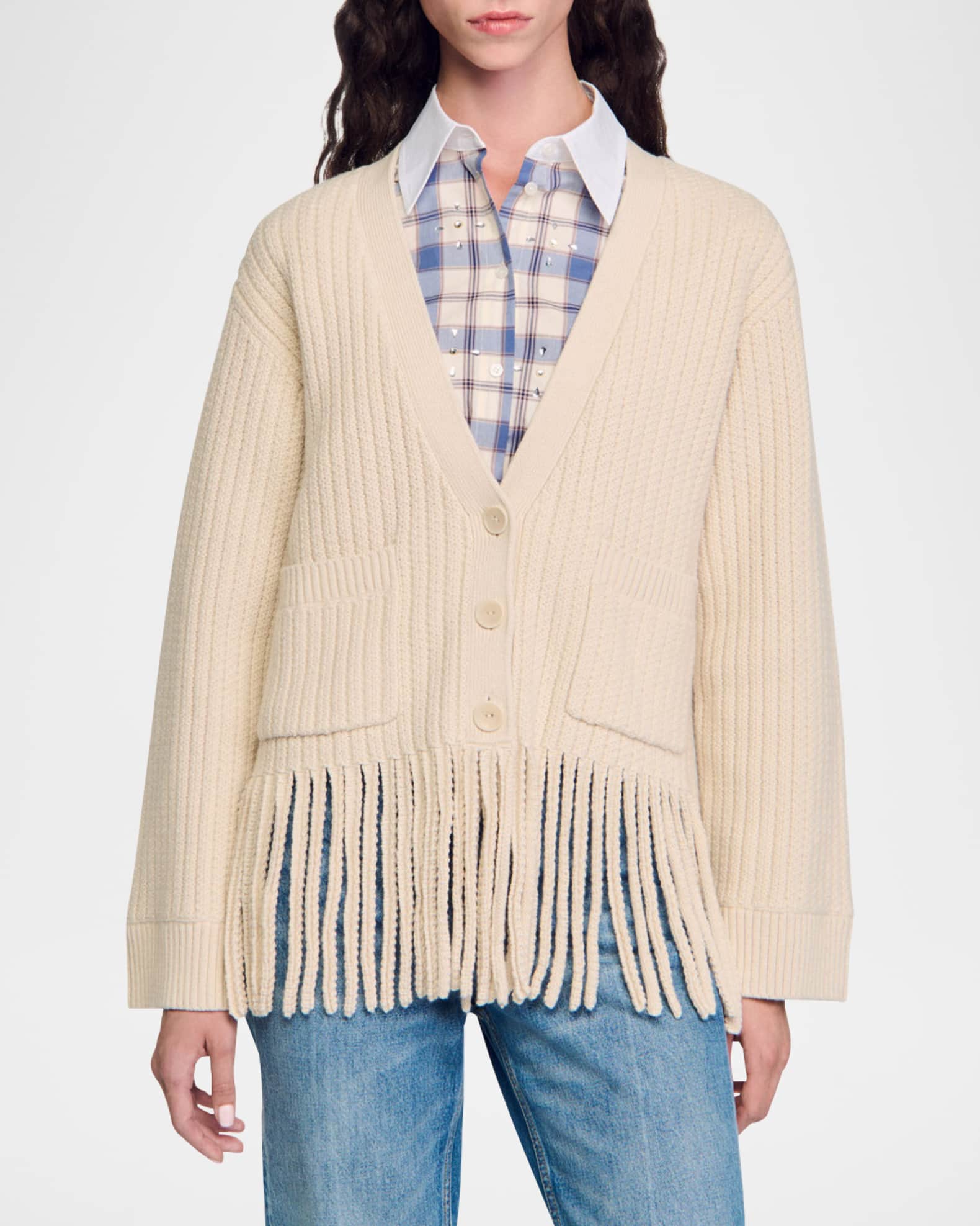 Sandro Zoe Textured Fringe-Trim Cardigan | Neiman Marcus