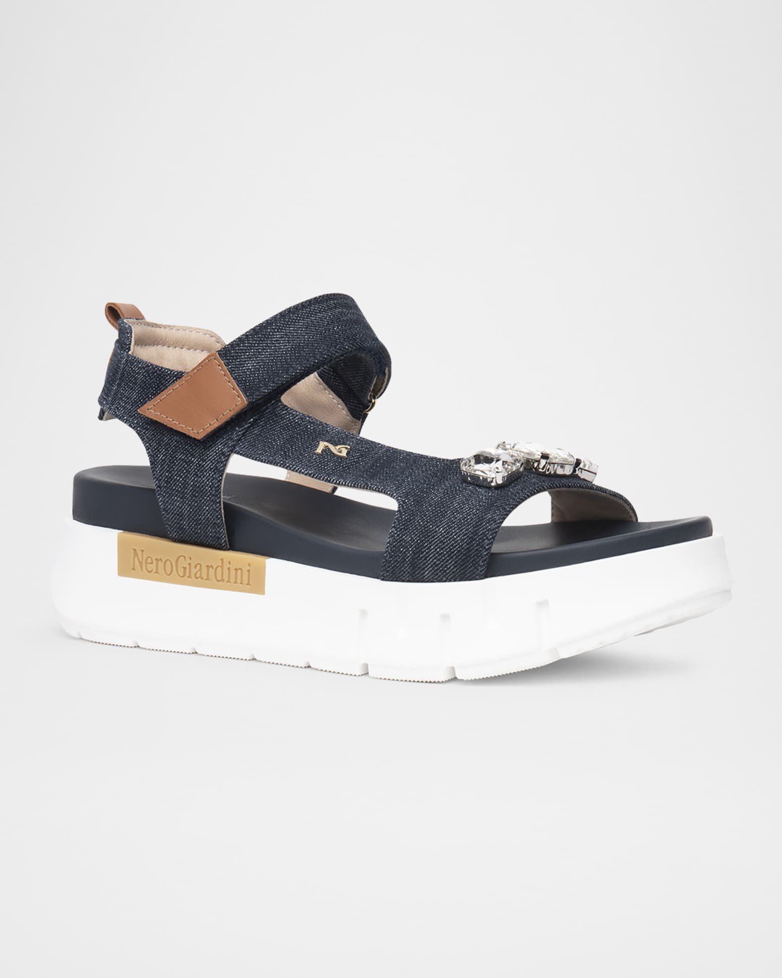 NeroGiardini Stone Embellished Denim and Leather Sandals | Neiman Marcus