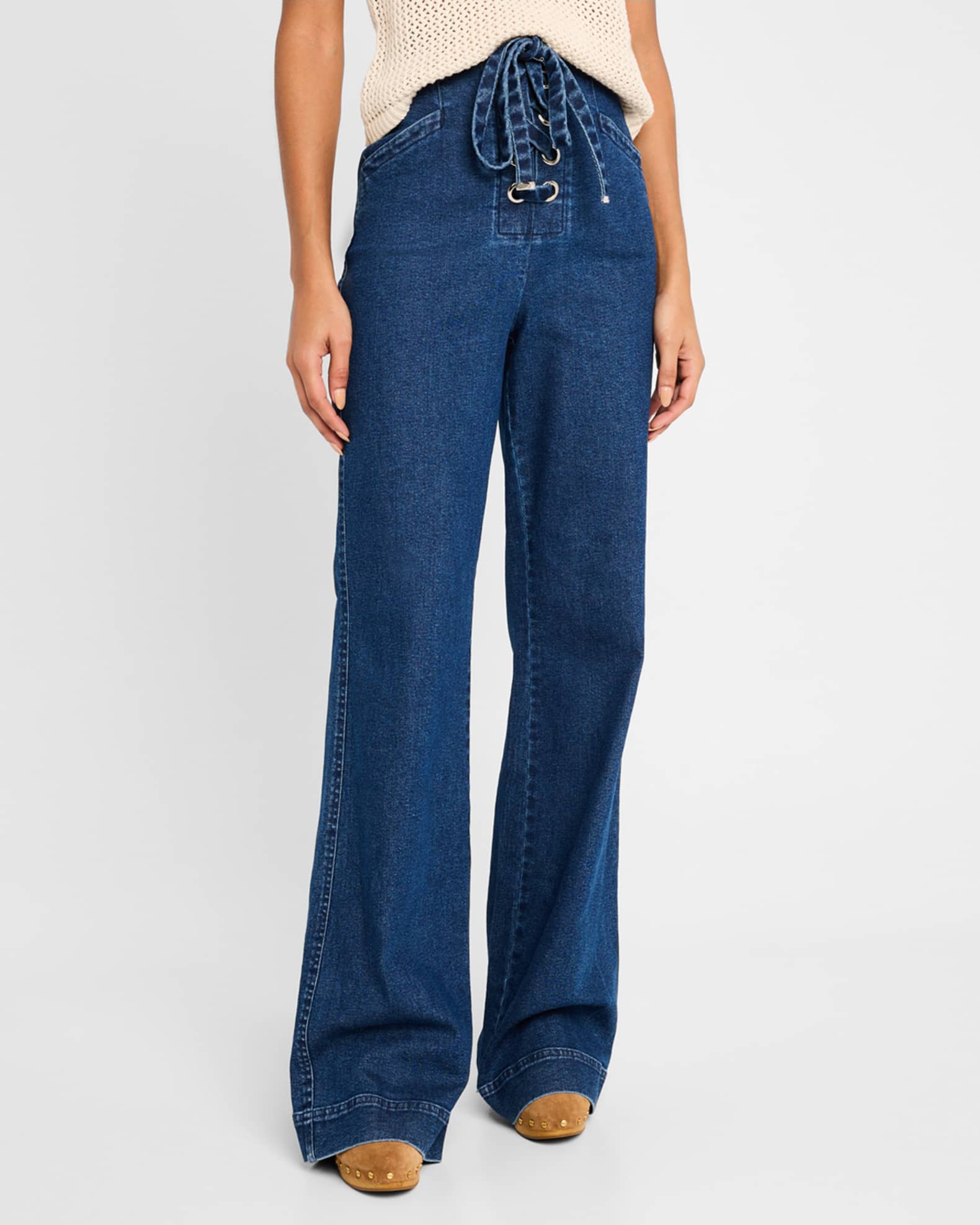 Toccin Birkin Denim Laced-Up Flare Pants | Neiman Marcus