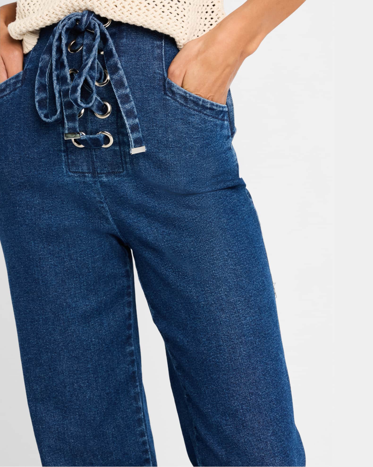 Toccin Birkin Denim Laced-Up Flare Pants | Neiman Marcus
