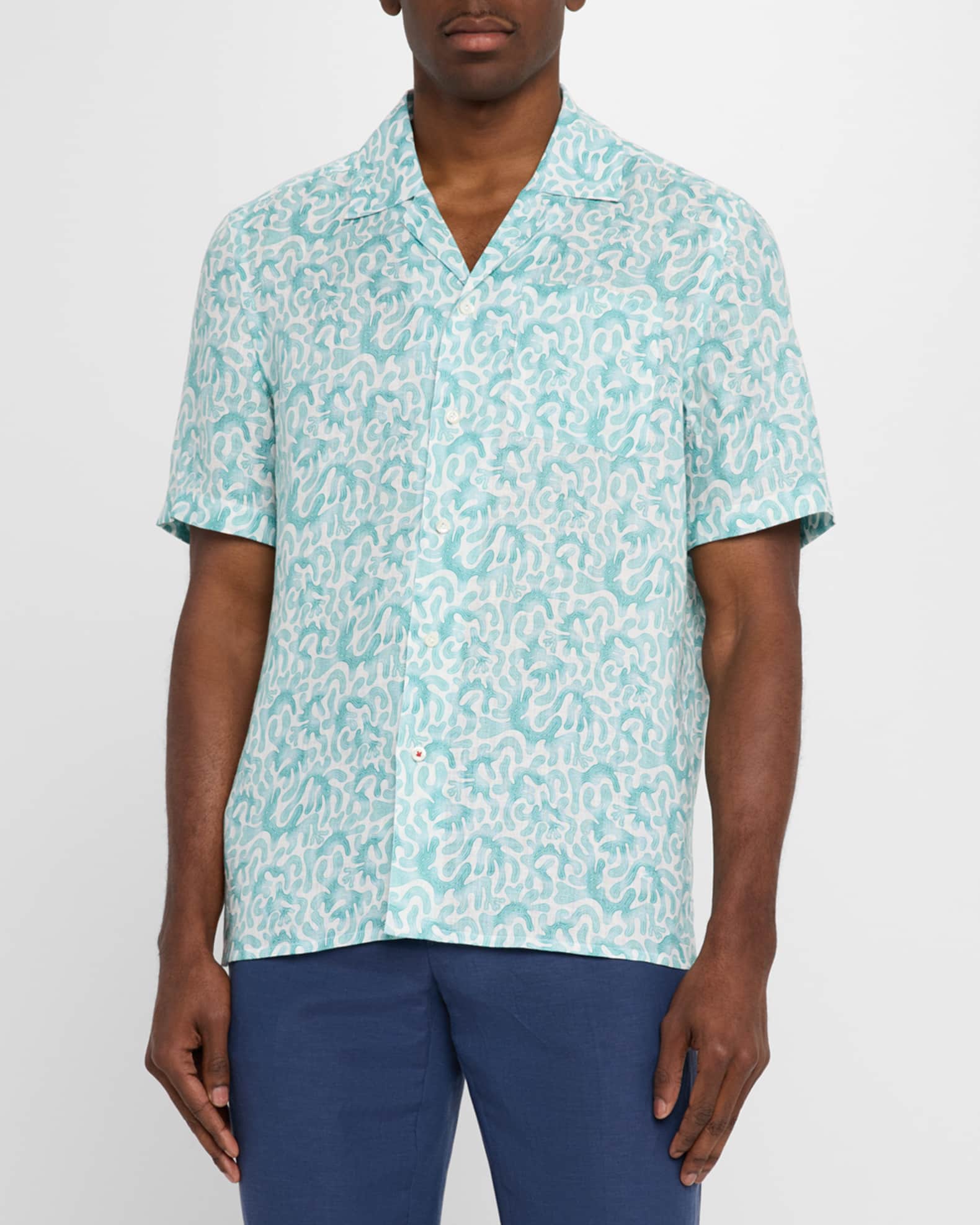 Isaia Men's Linen Coral-Print Camp Shirt | Neiman Marcus