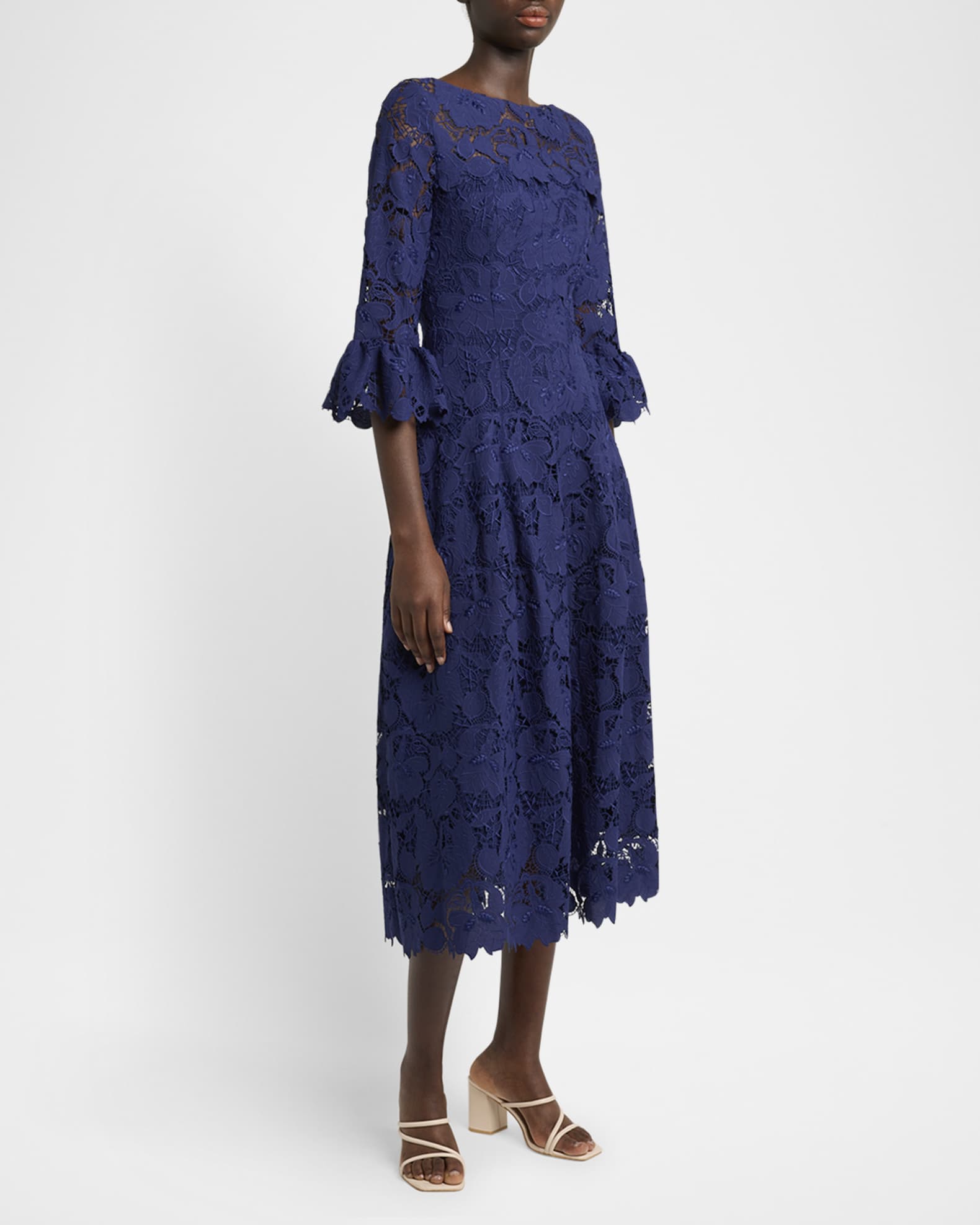 Talbot Runhof Lace 3/4-Sleeve Midi Dress | Neiman Marcus