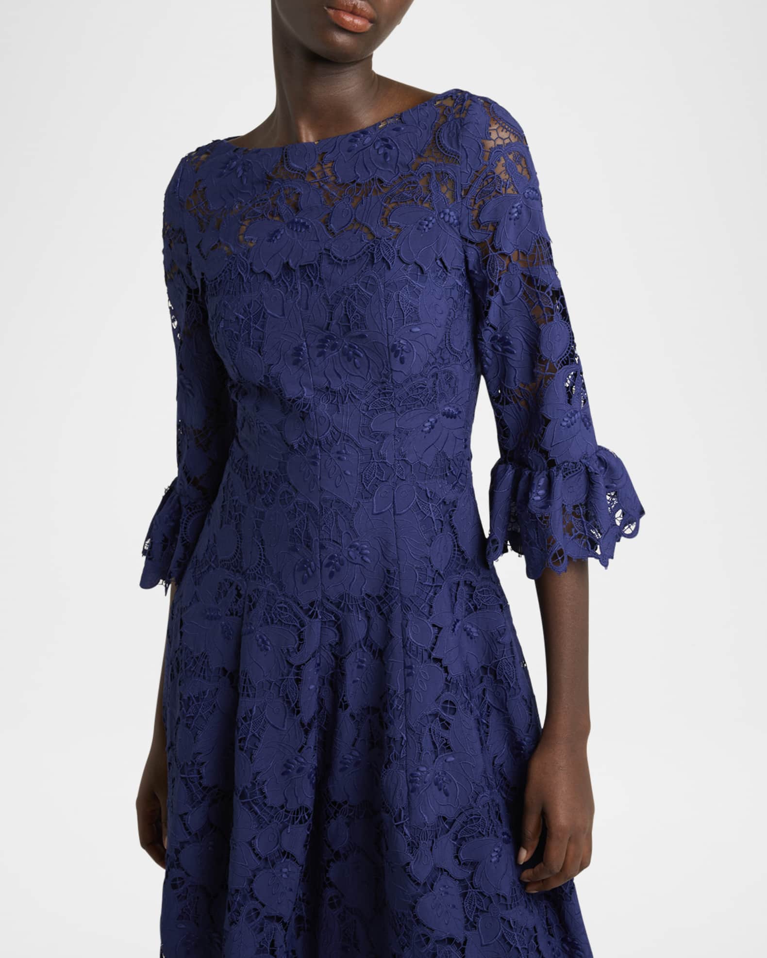 Talbot Runhof Lace 3/4-Sleeve Midi Dress | Neiman Marcus