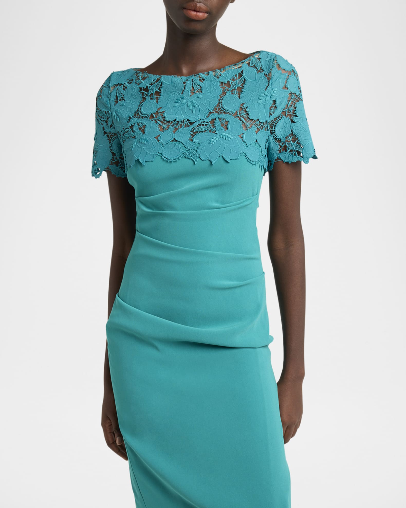 Talbot Runhof Guipure Lace Short-Sleeve Draped Dress | Neiman Marcus