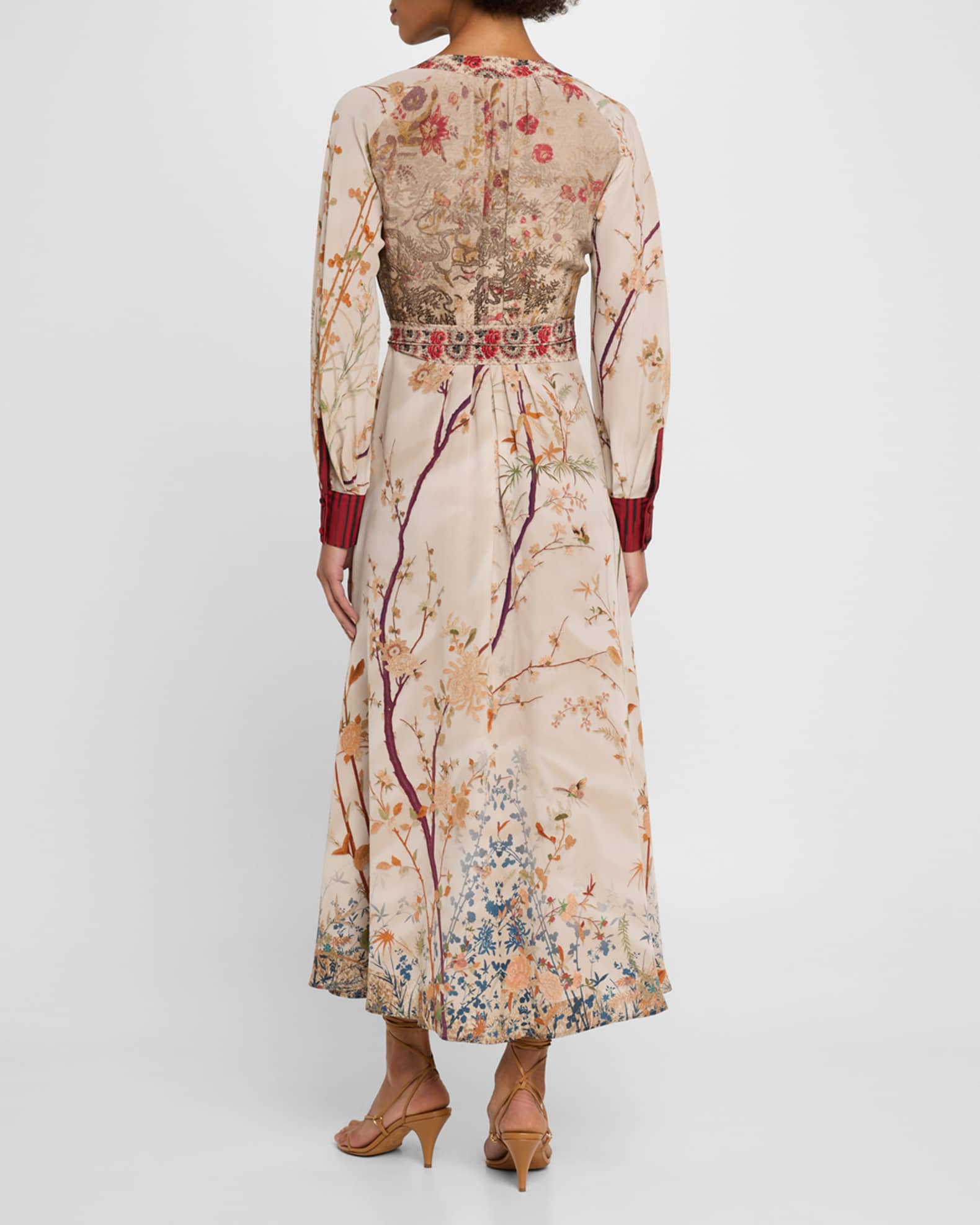 Pierre-Louis Mascia Floral & Bird-Print Silk Maxi Dress | Neiman Marcus