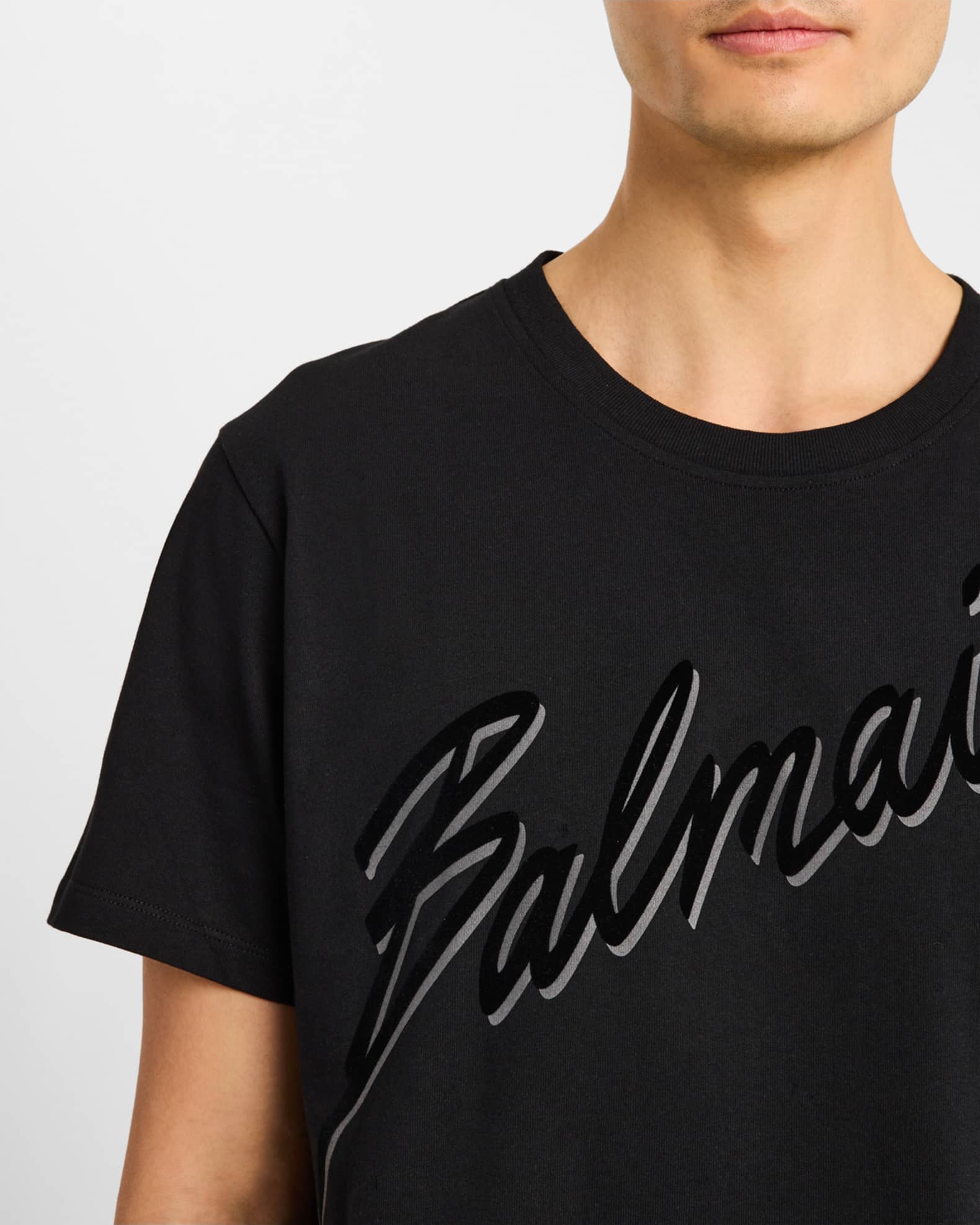Balmain Men's Flocked Script T-Shirt | Neiman Marcus